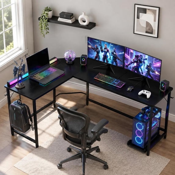 L-Shaped Computer Desk, 66 Inch, with Removable CPU Stand and Headphone ...