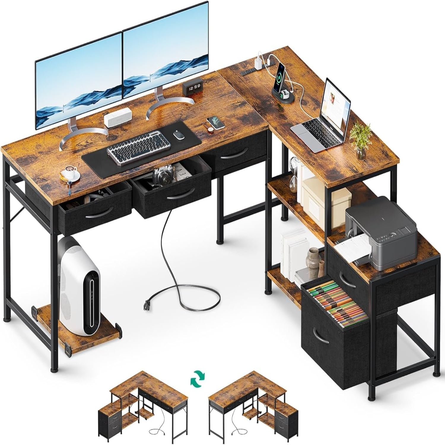 L Shaped Computer Desk with Fabric Drawers and File Cabinet 53 ...