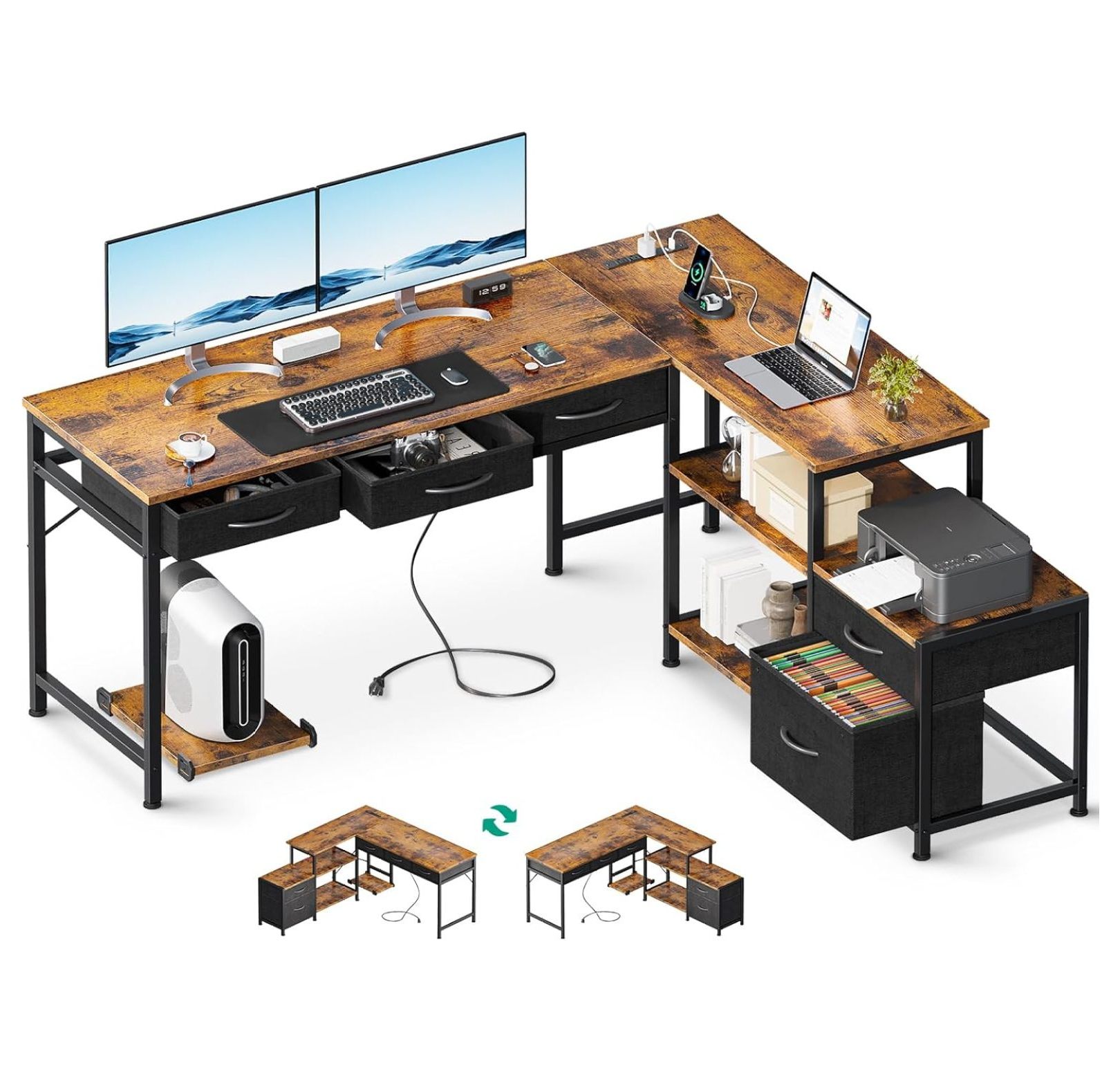 L Shaped Computer Desk with Fabric Drawers and File Cabinet, 53 ...