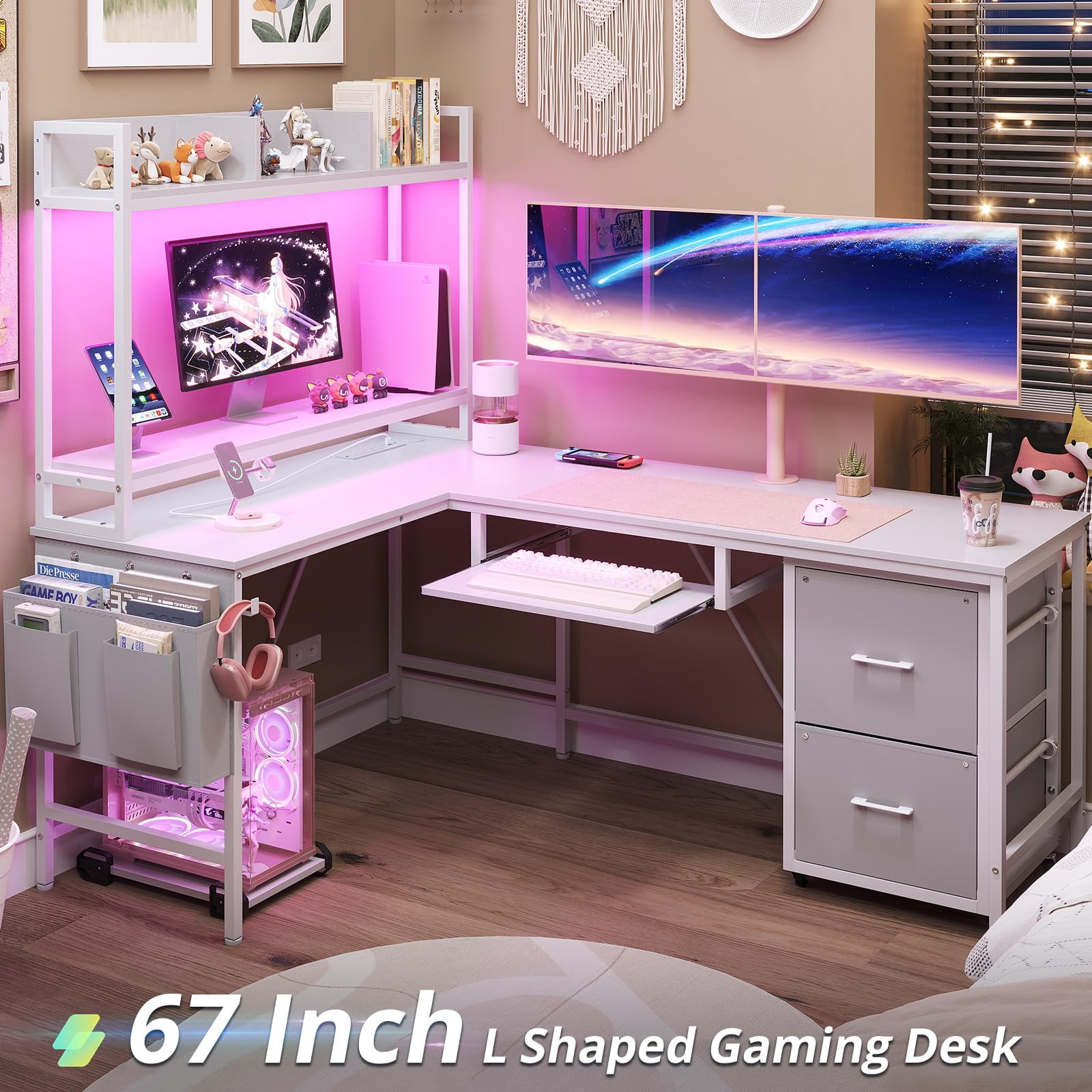 L Shaped Computer Desk with File Cabinet&Storage Shelves,94" Reversible ...
