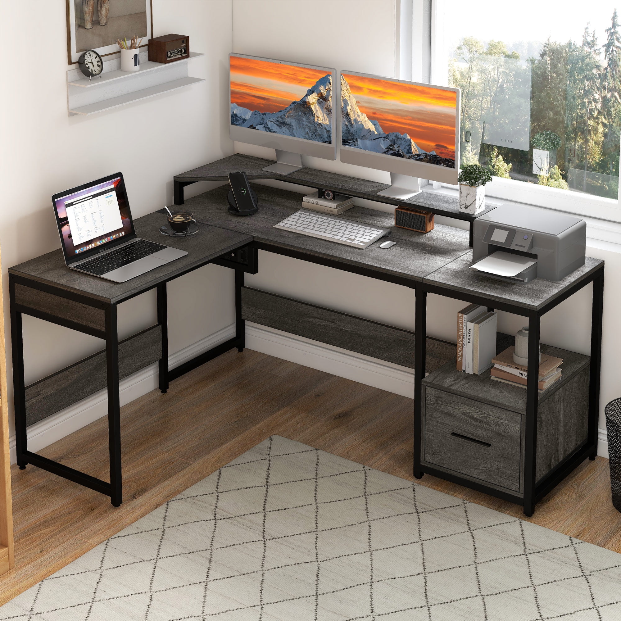 "L Shaped Desk, 65"" PC Desktop, Adjustable Height, Home Office with ...