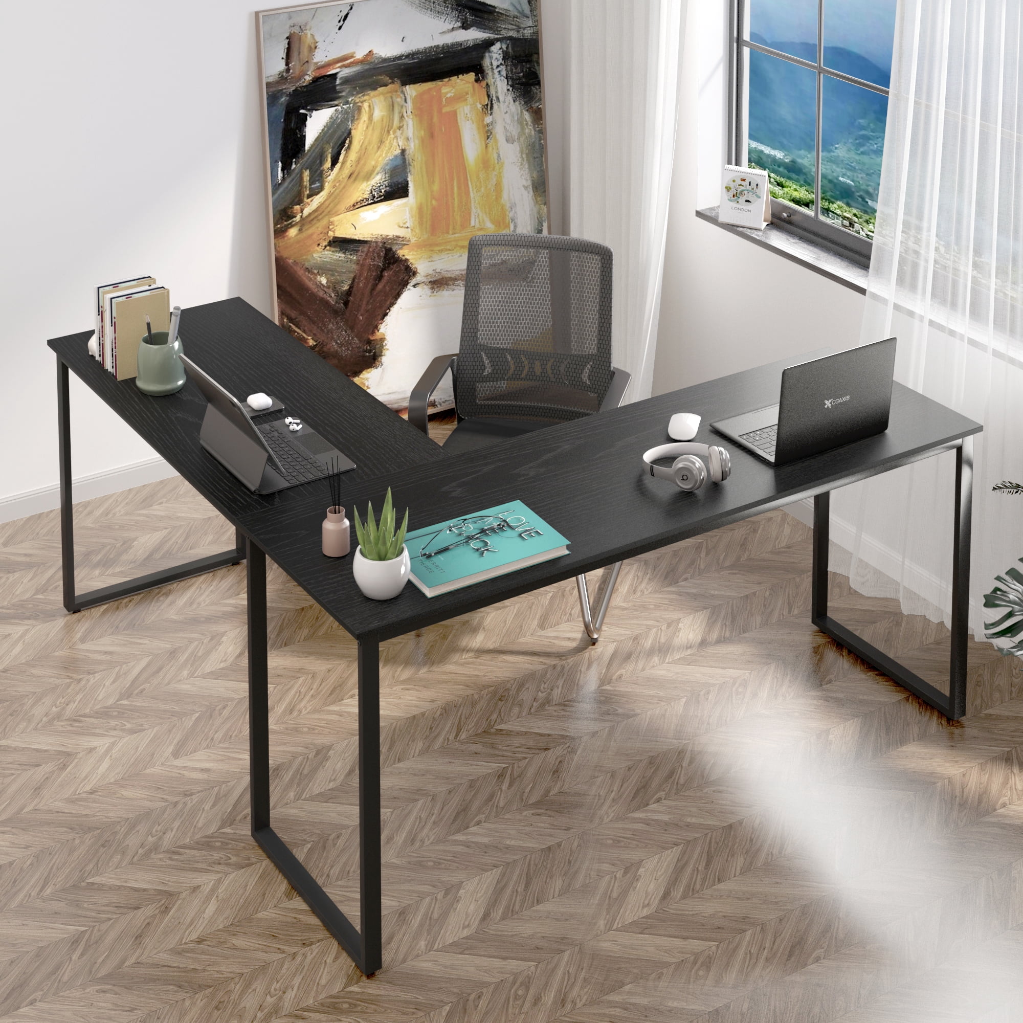 SYNGAR L-Shaped Desk - Office Corner, Wood-Topped 2-Person Study Table ...