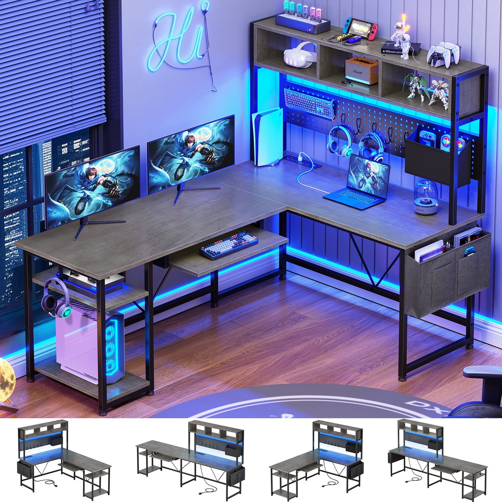 L Shaped Computer Desk with LED Lights and Power Outlets, Reversible ...