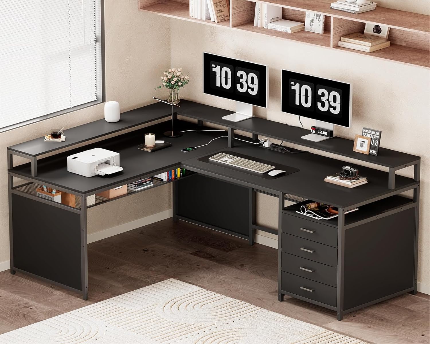 L Shaped Computer Desk with LED Lights & Power Outlets, Reversible Home ...