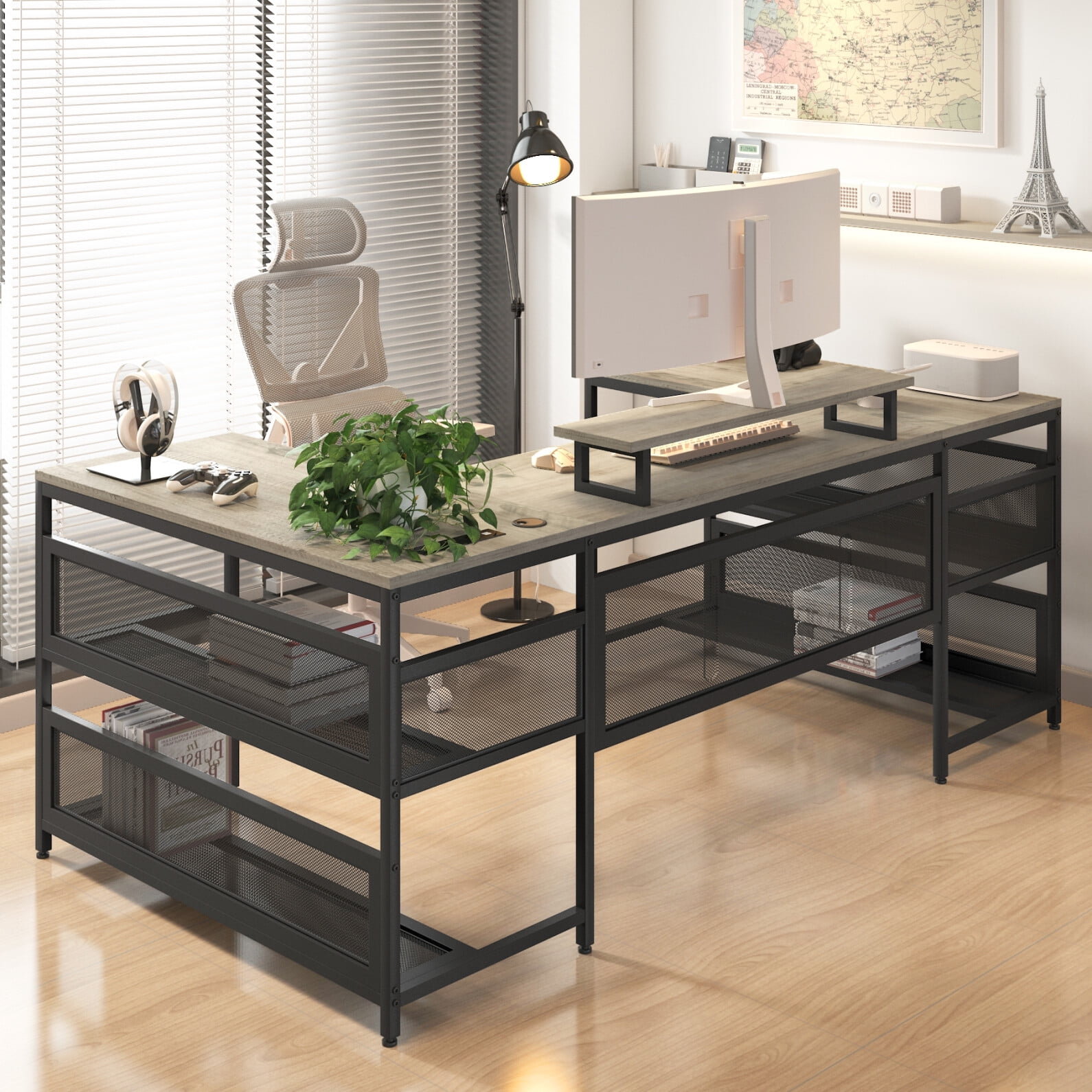 L Shaped Computer Desk with LED Lights,Reversible L Shaped Office Desk ...
