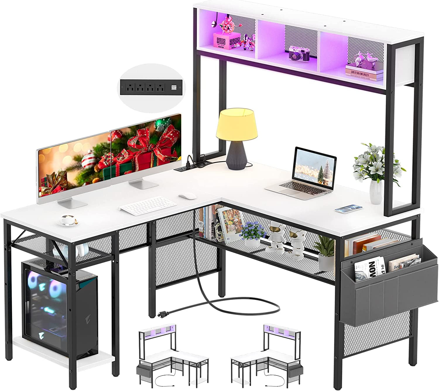 L Shaped Computer Desk with LED Strip and Power Outlets Storage Shelves ...