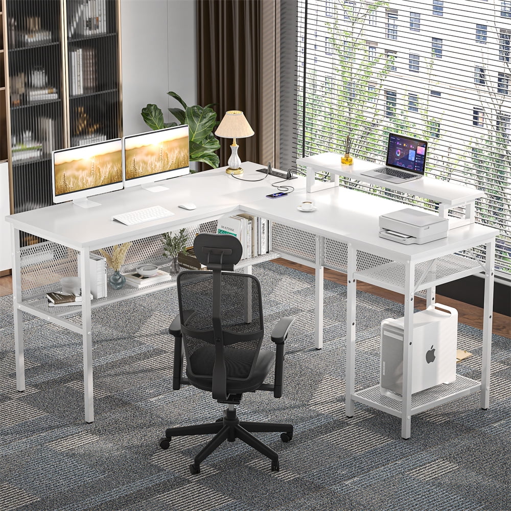 L Shaped Computer Desk with Magic Power Outlets and Smart LED Light ...