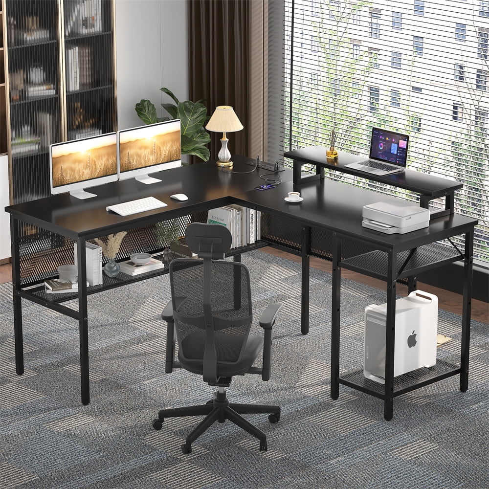 L Shaped Computer Desk with Magic Power Outlets and Smart LED Light ...