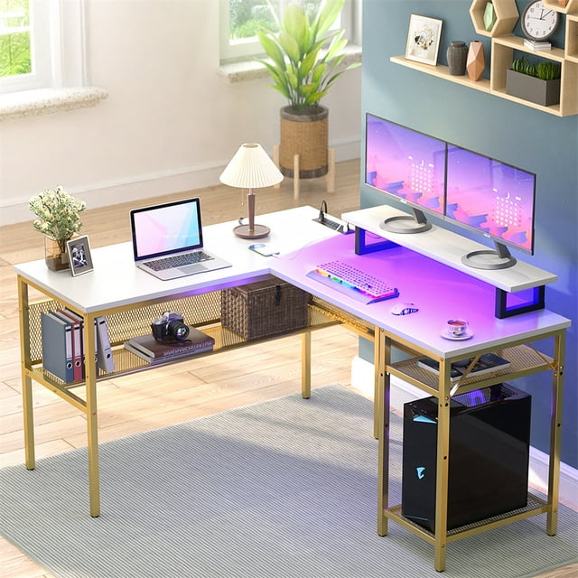 L Shaped Computer Desk with Magic Power Outlets and Smart LED Light ...