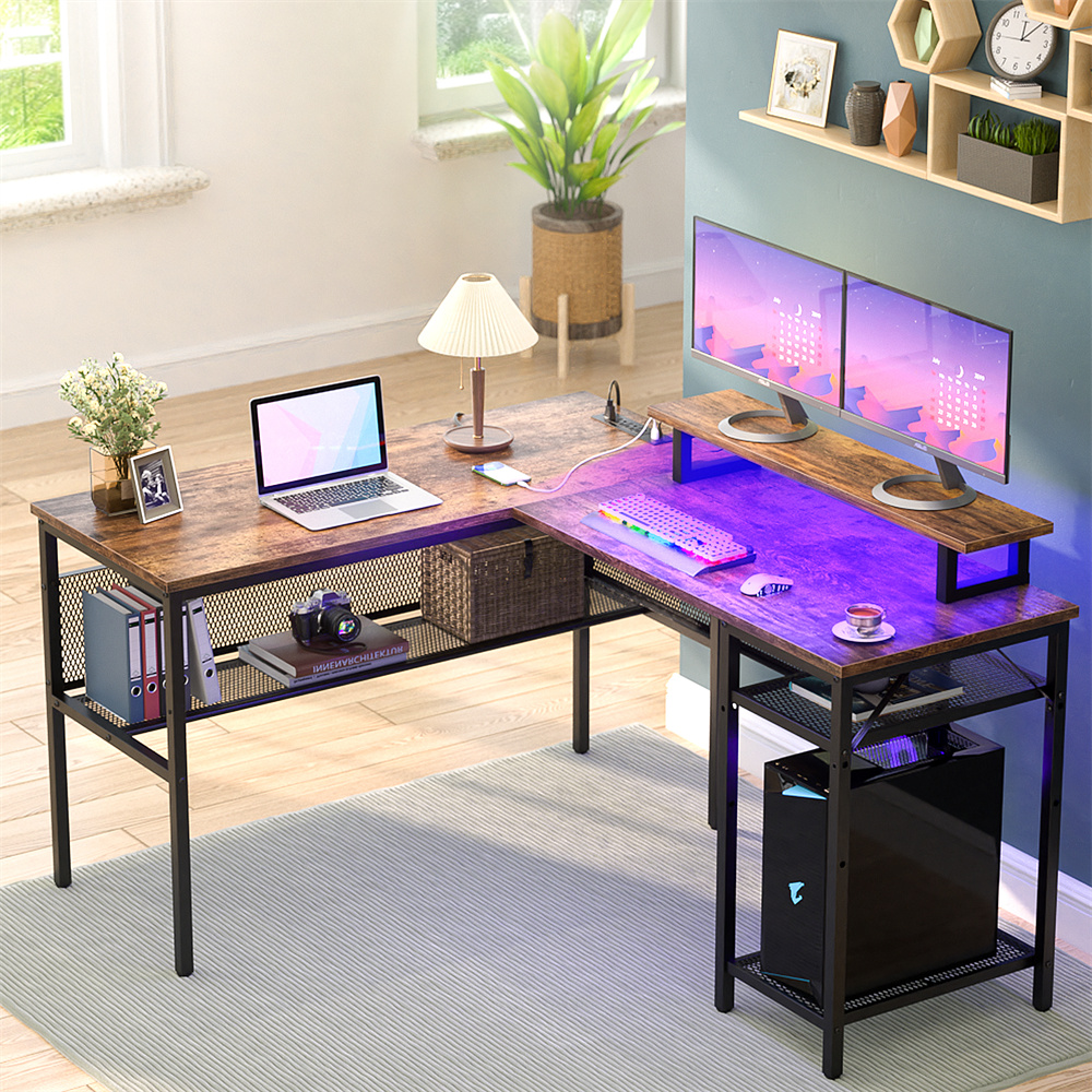 L Shaped Computer Desk with Magic Power Outlets and Smart LED Light ...