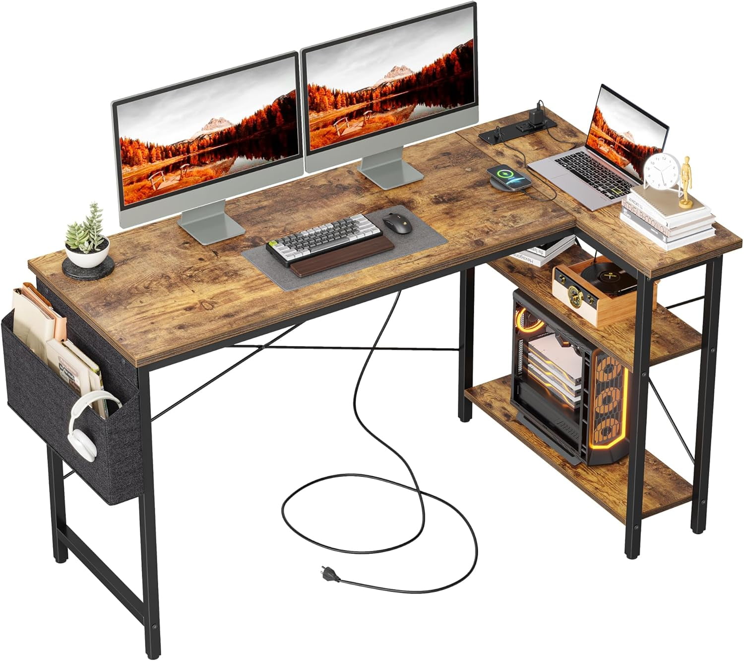 L Shaped Computer Desk with Power Outlets, 55 Inch Small Corner Desk ...