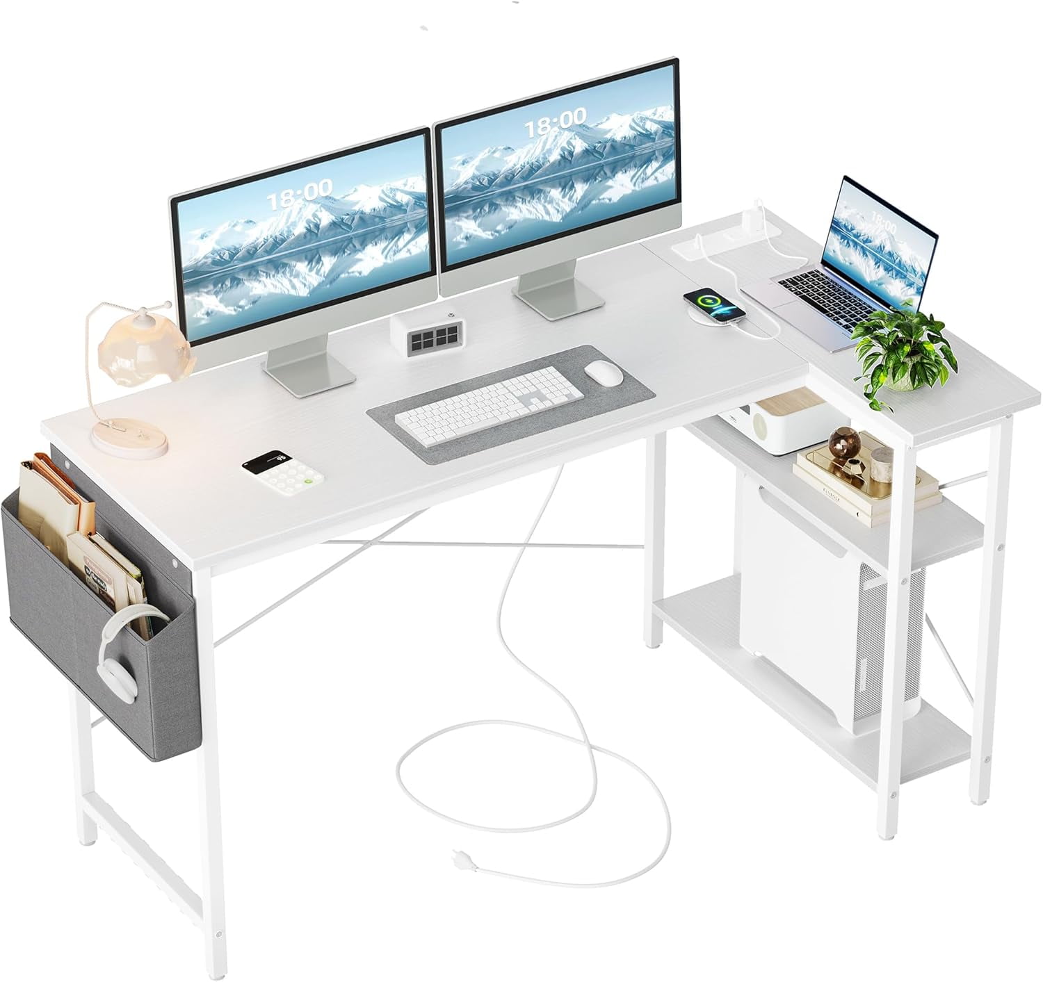 L Shaped Computer Desk with Power Outlets, 55 Inch Small Corner Desk ...