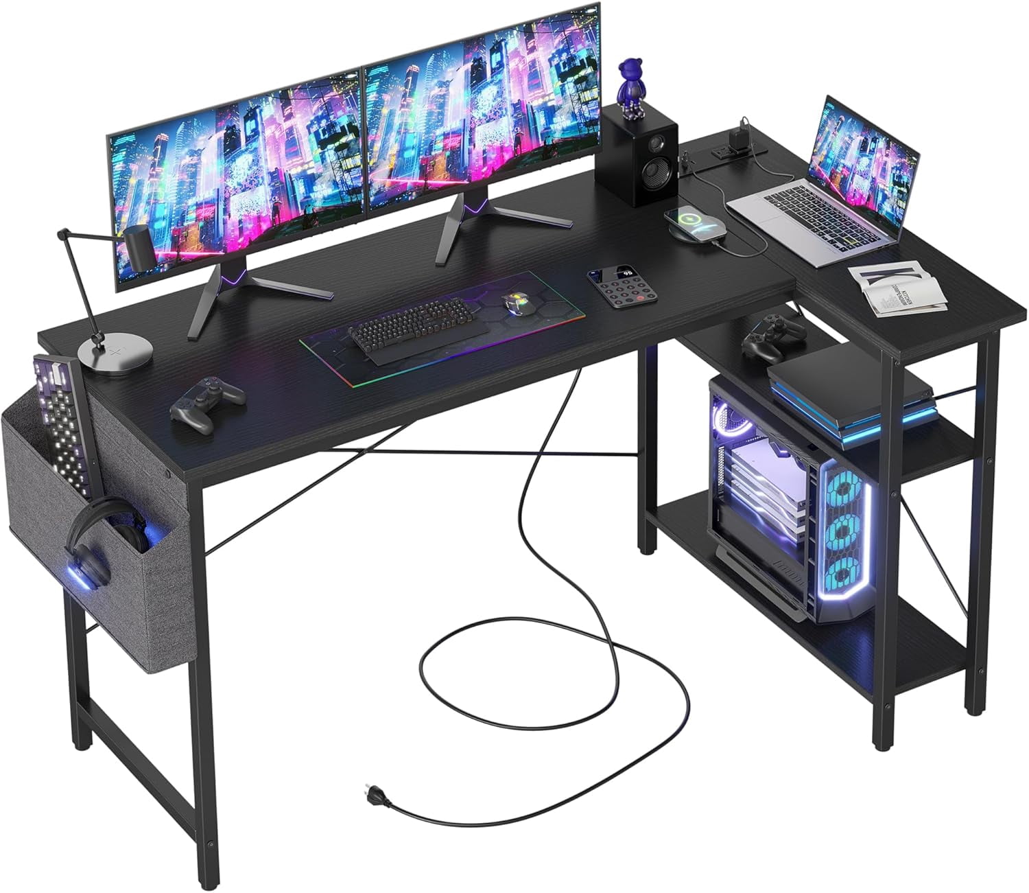 L Shaped Computer Desk with Power Outlets, 55 Inch Small Corner Desk ...