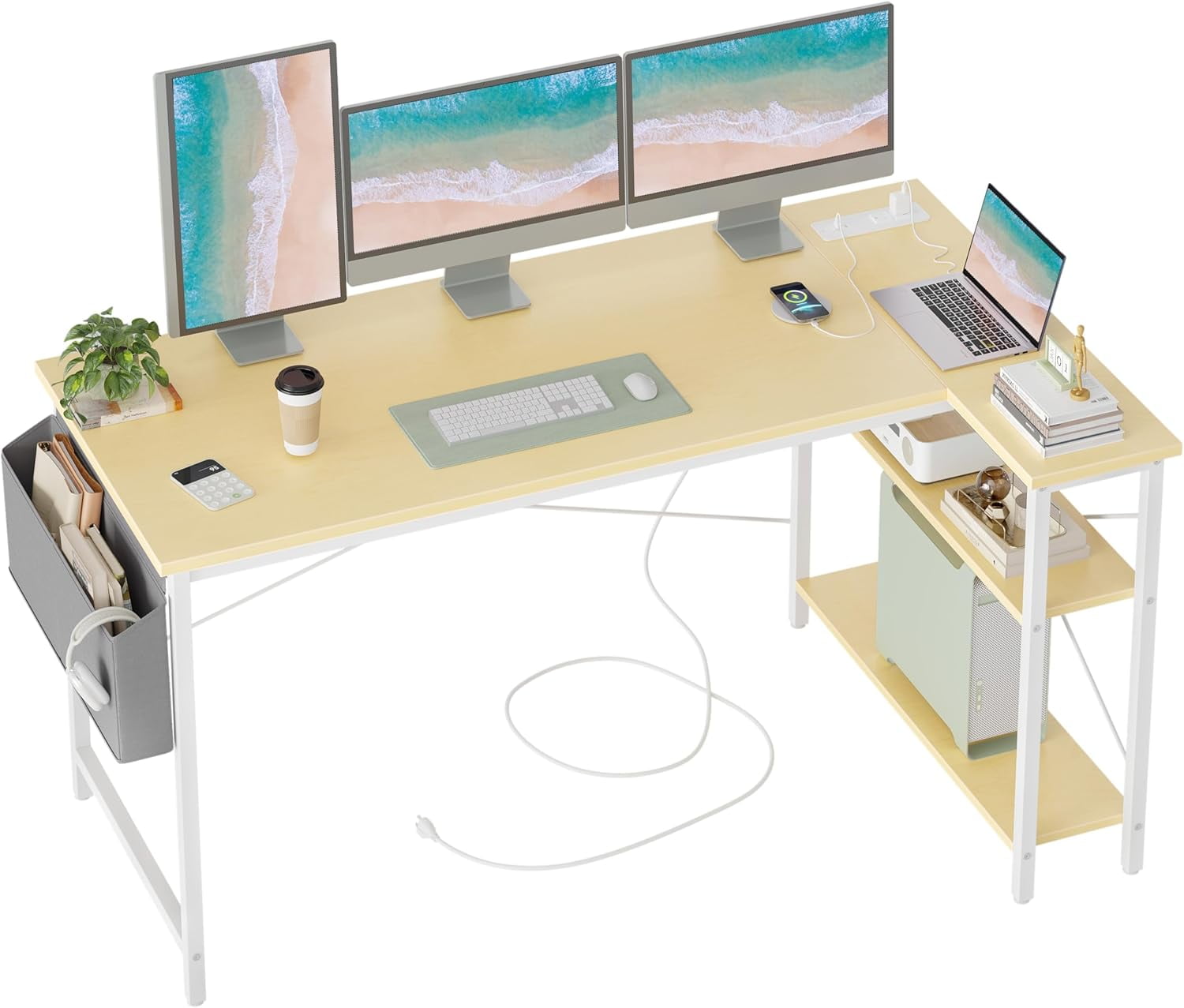 L Shaped Computer Desk with Power Outlets, 55 Inch Small Corner Desk ...