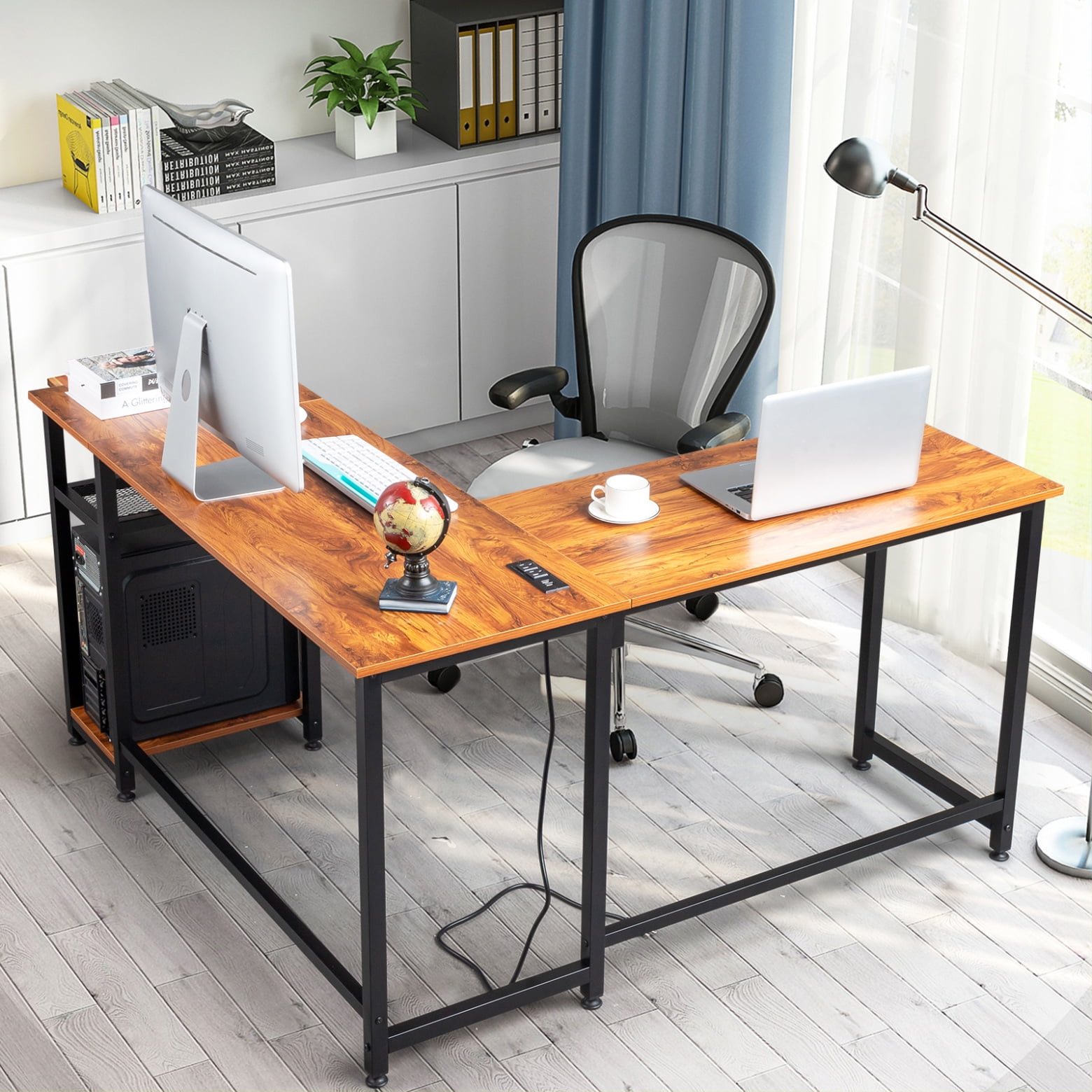 L-Shaped Computer Desk with Power Outlets and Storage Shelf, Long ...