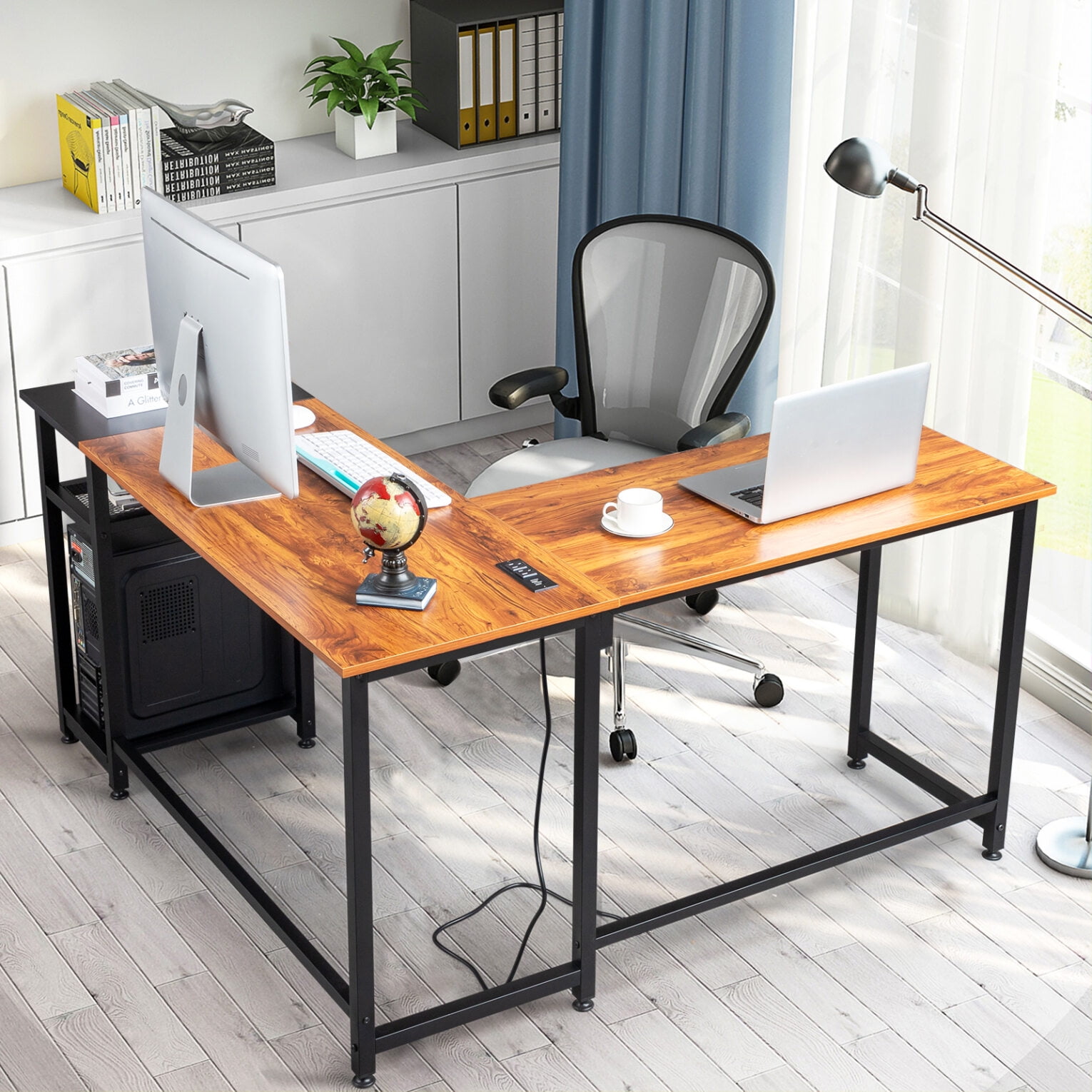 L-Shaped Computer Desk with Power Outlets and Storage Shelf, Long ...