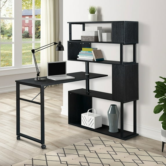 L-Shaped Computer Desk, Rotatable Corner Table with 5-Tier Bookshelf ...