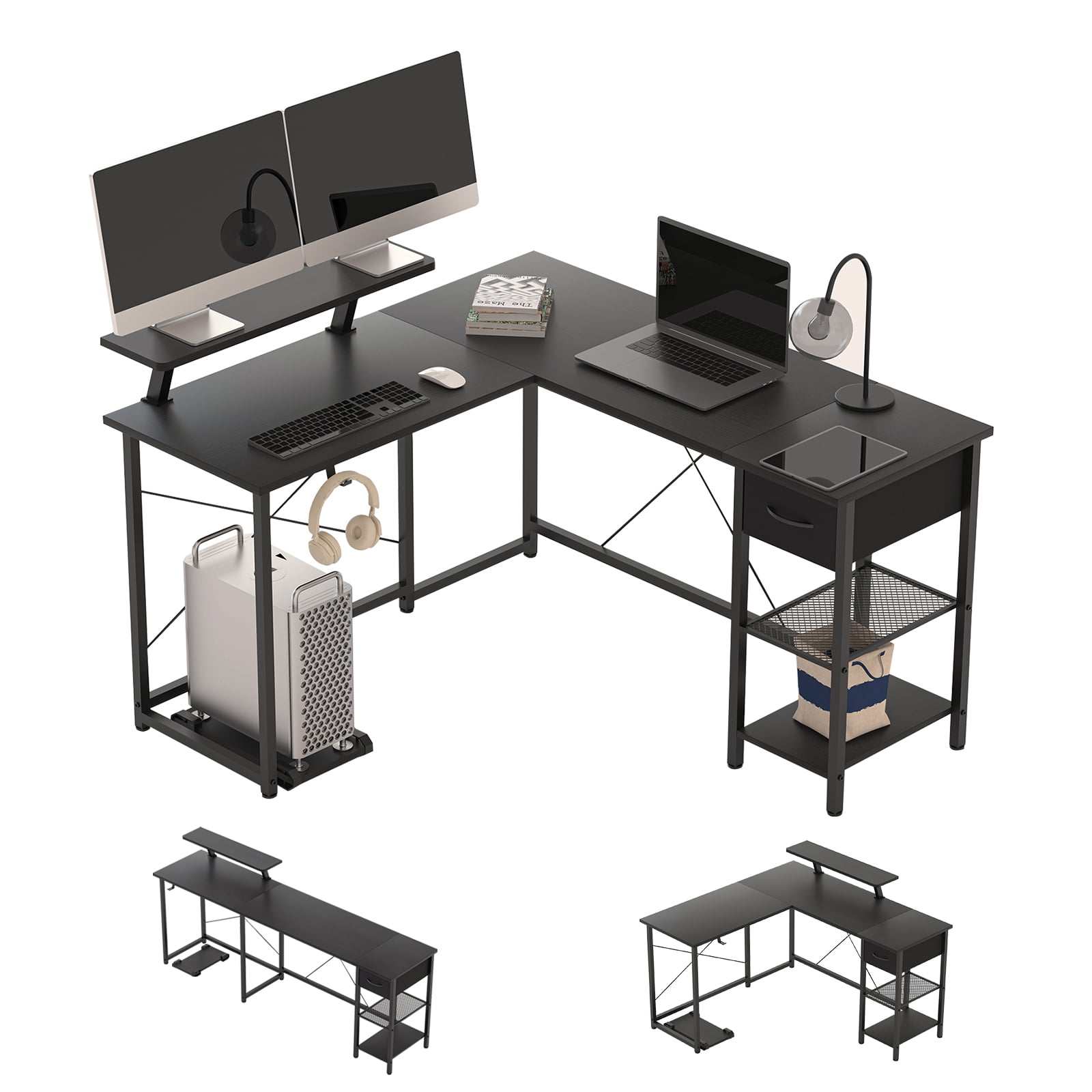 L-Shaped Desk with Shelves, Hook, Monitor Stand, Reversible Gaming ...