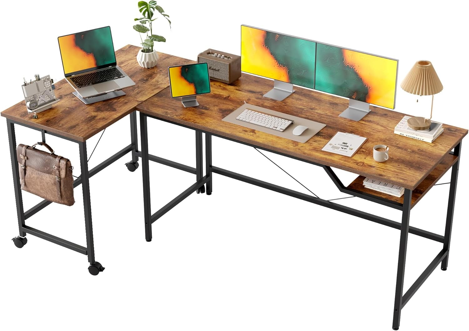 L Shaped Computer Desk with Wheels, Gaming Desk Modern Simple Style ...
