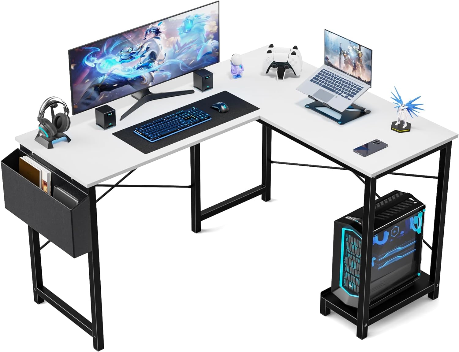 L Shaped Computer Desk Wood Corner PC Gaming Table with Side Storage ...