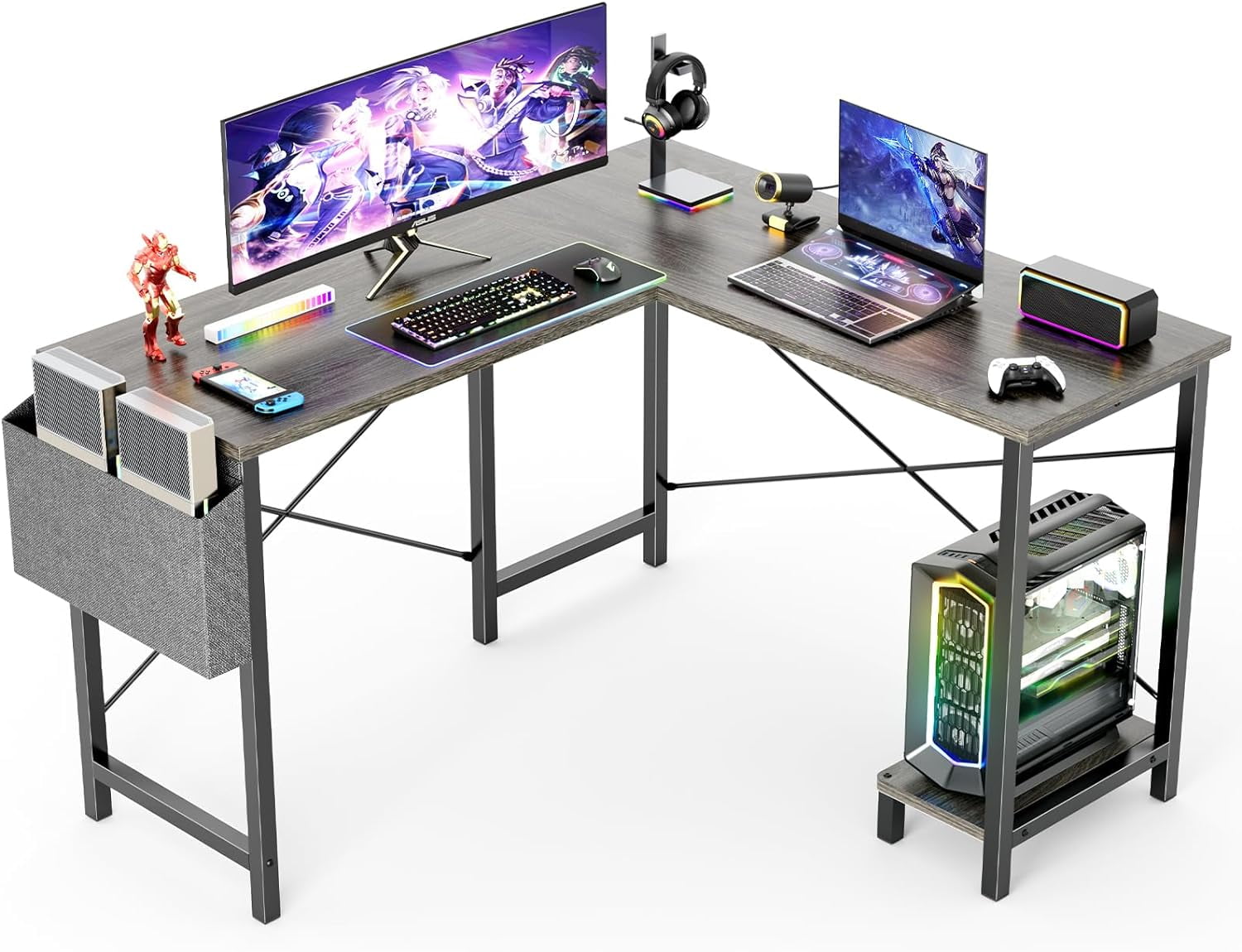 L Shaped Computer Desk Wood Corner PC Gaming Table with Side Storage ...