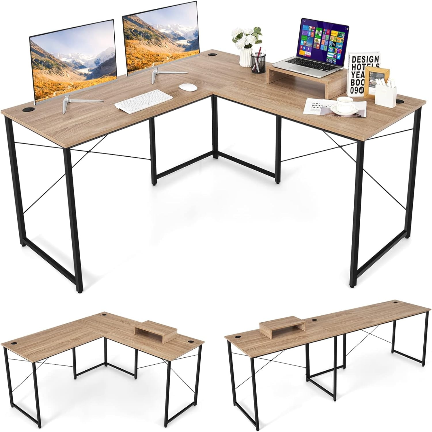 L-Shaped Computer Desk w/Monitor Stand Reversible Corner Study Writing ...