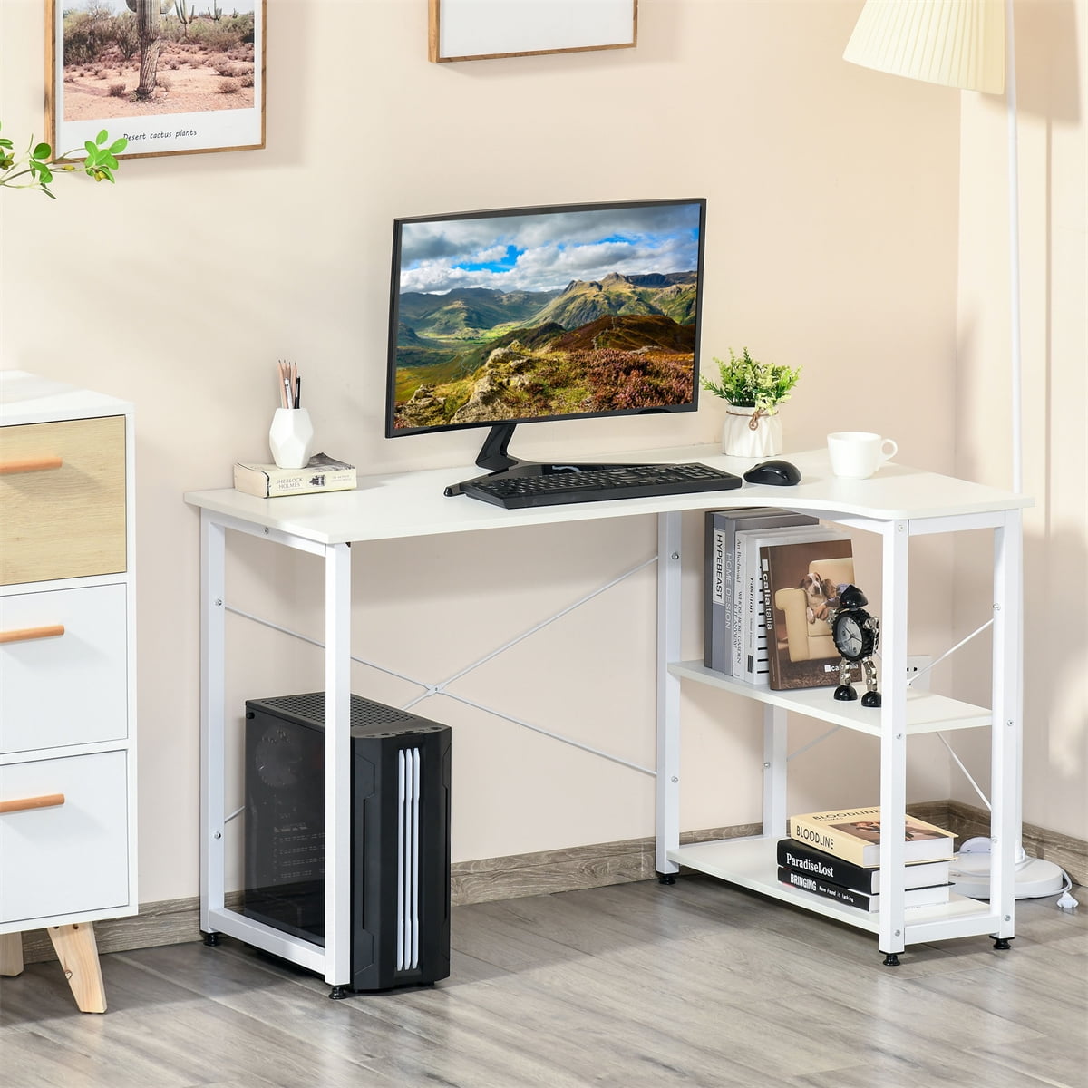 L-Shaped Computer Desk with 2 Side Shelves, Industrial Corner Desk with ...