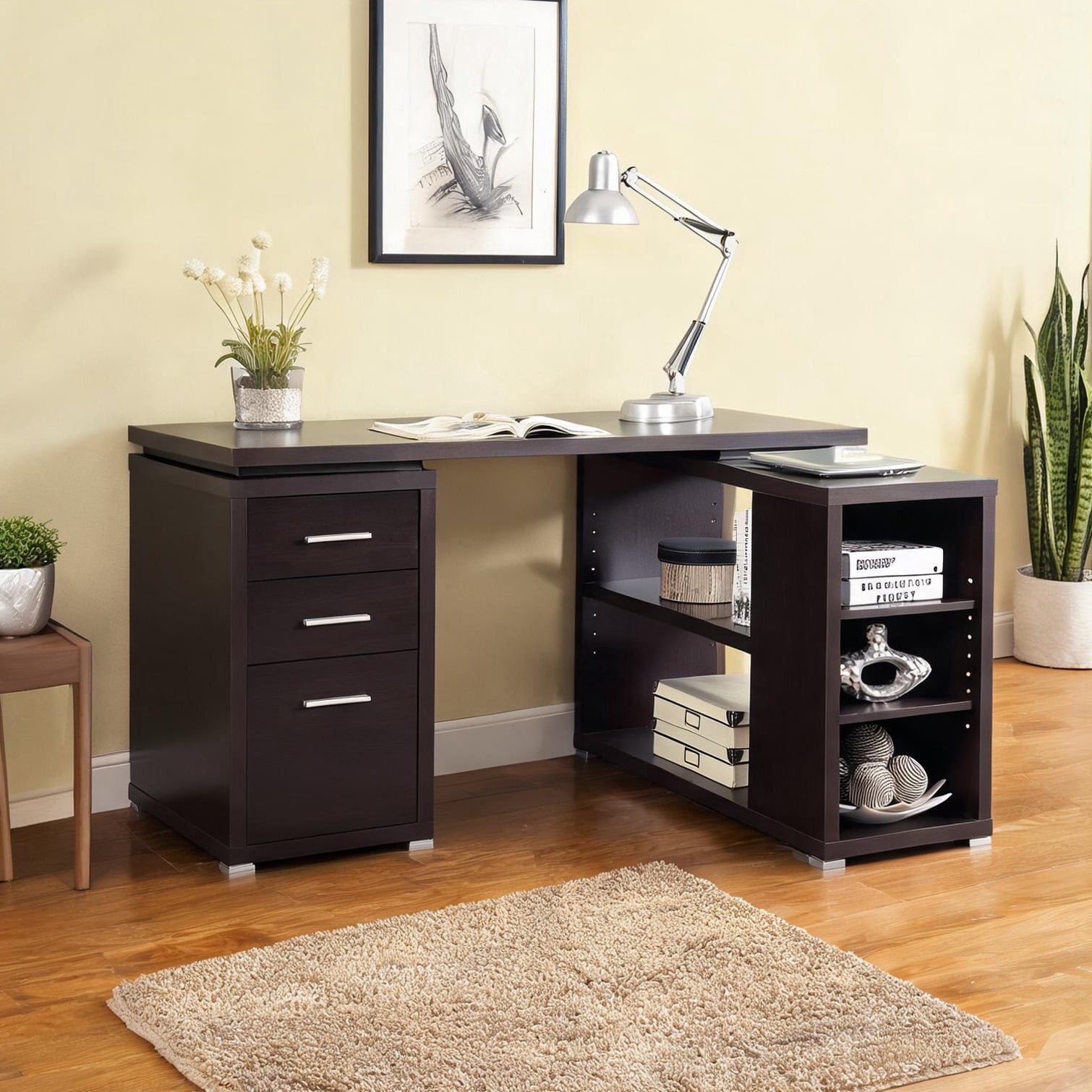 L-Shaped Computer Desk with 3 Drawers and 5 Shelves, Cappuccino Solid ...