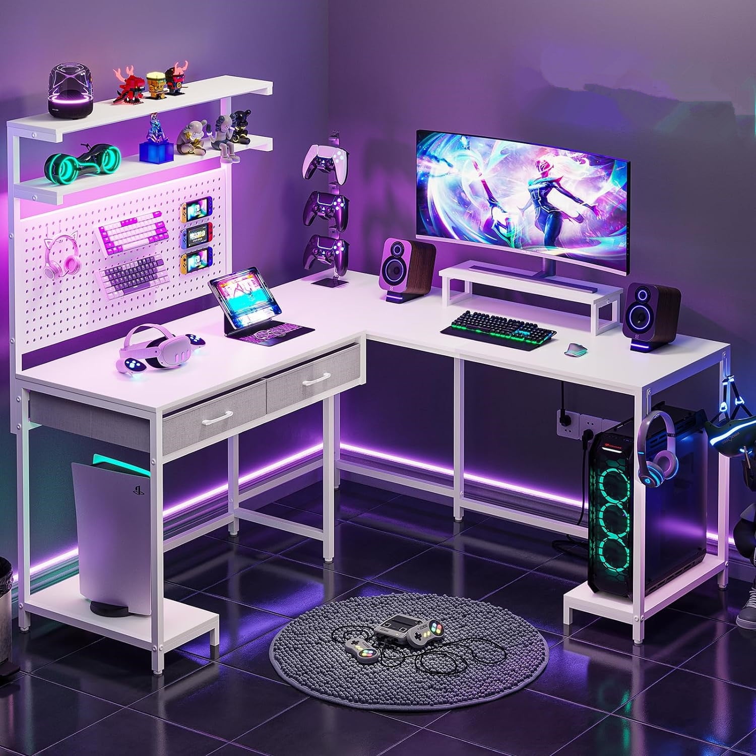 L-Shaped Computer Desk with Hutch & LED Lights, 2 Person Gaming Desk ...