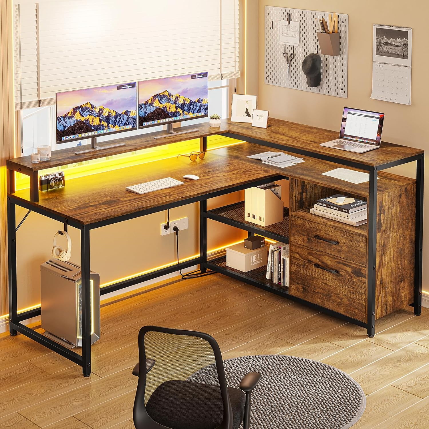 L Shaped Computer Desk with LED Lights&File Drawers for Home Office, 55 ...