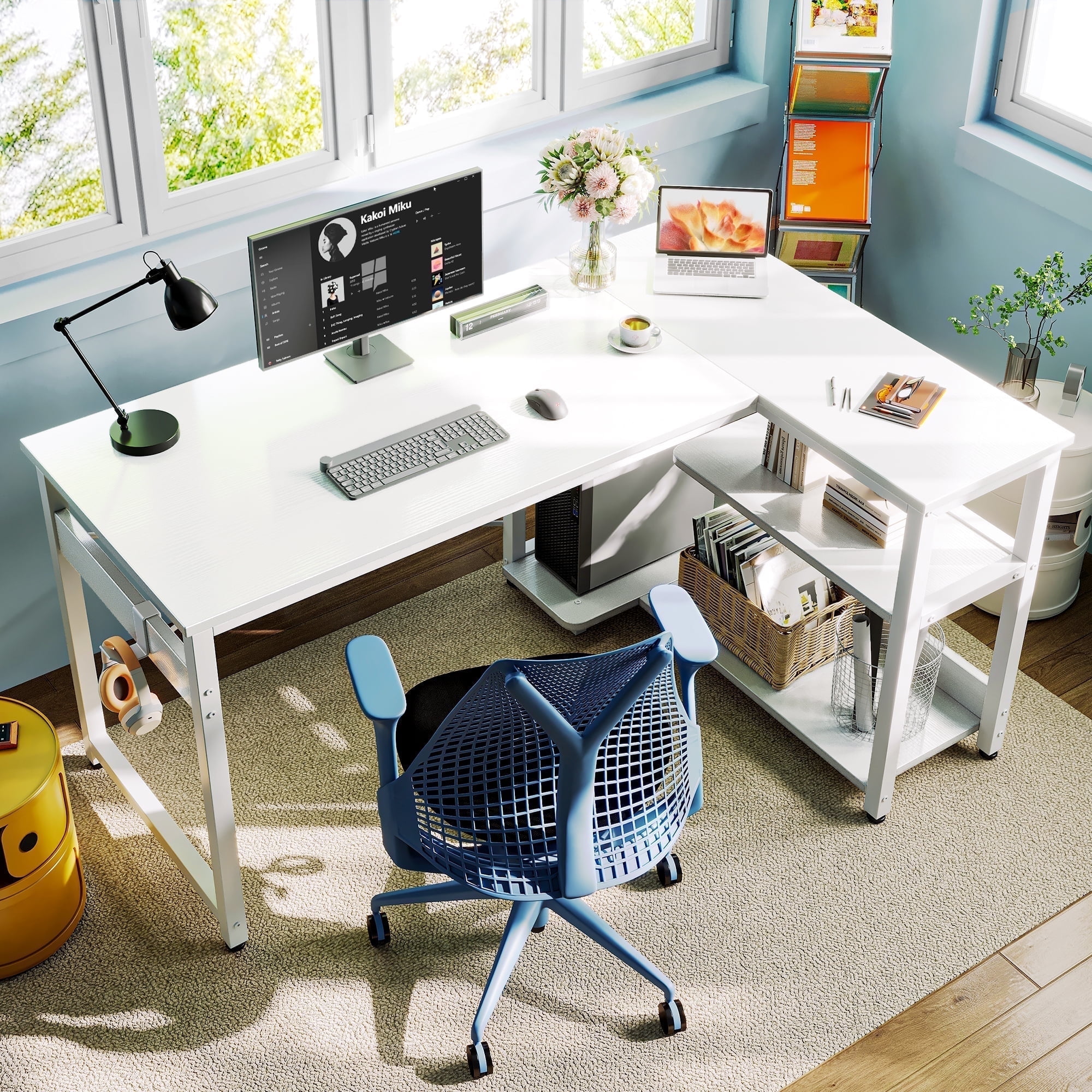Casacomoda L Shaped Computer Desk with Power Outlet Shelves, 48 Inch ...