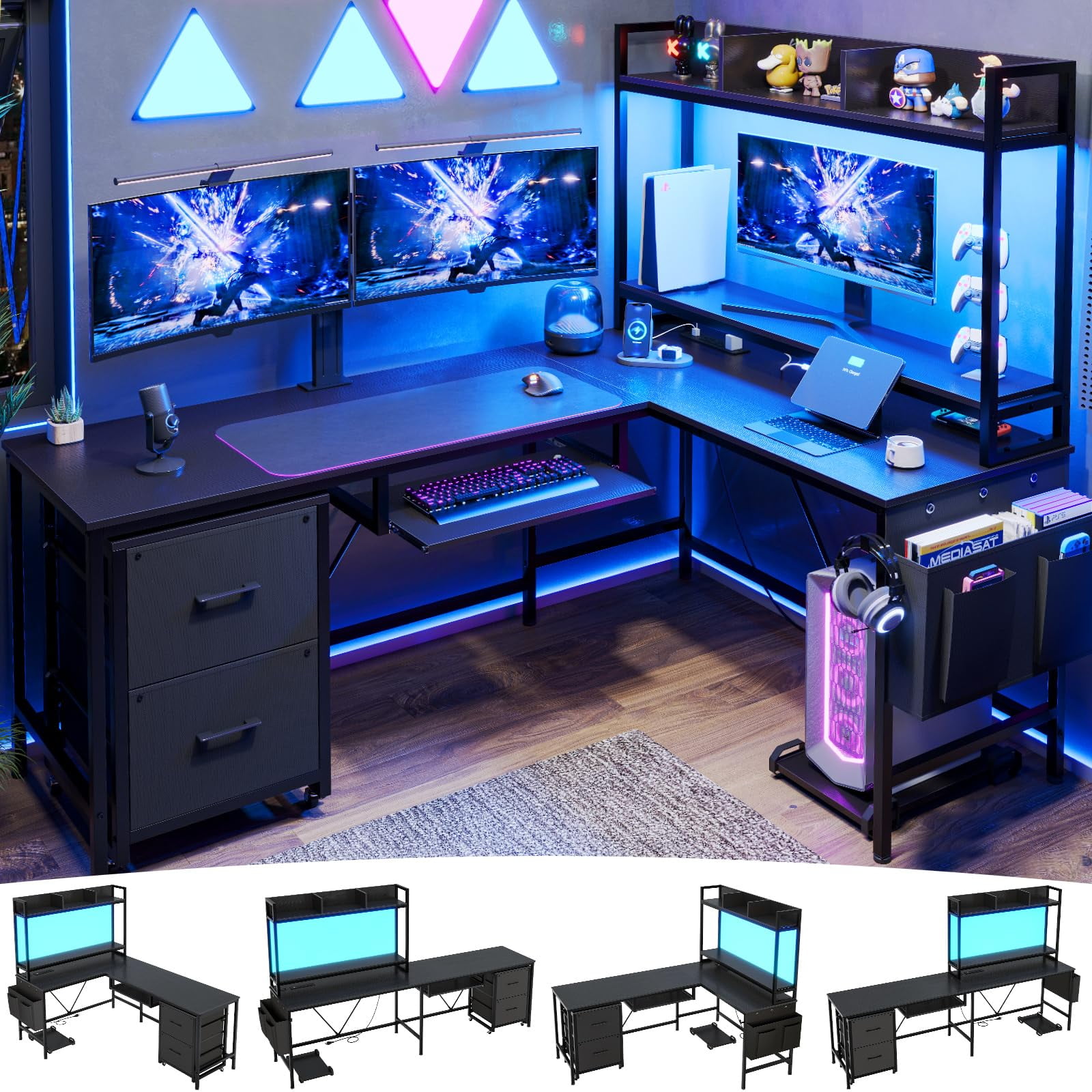 L-Shaped Gaming Desk with Power Outlet, LED Strip, 2 Drawers, Keyboard ...