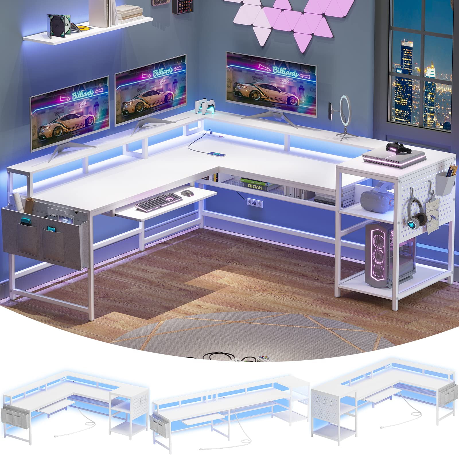 L-Shaped Computer Desk with Power Outlets & LED Lights, Reversible ...