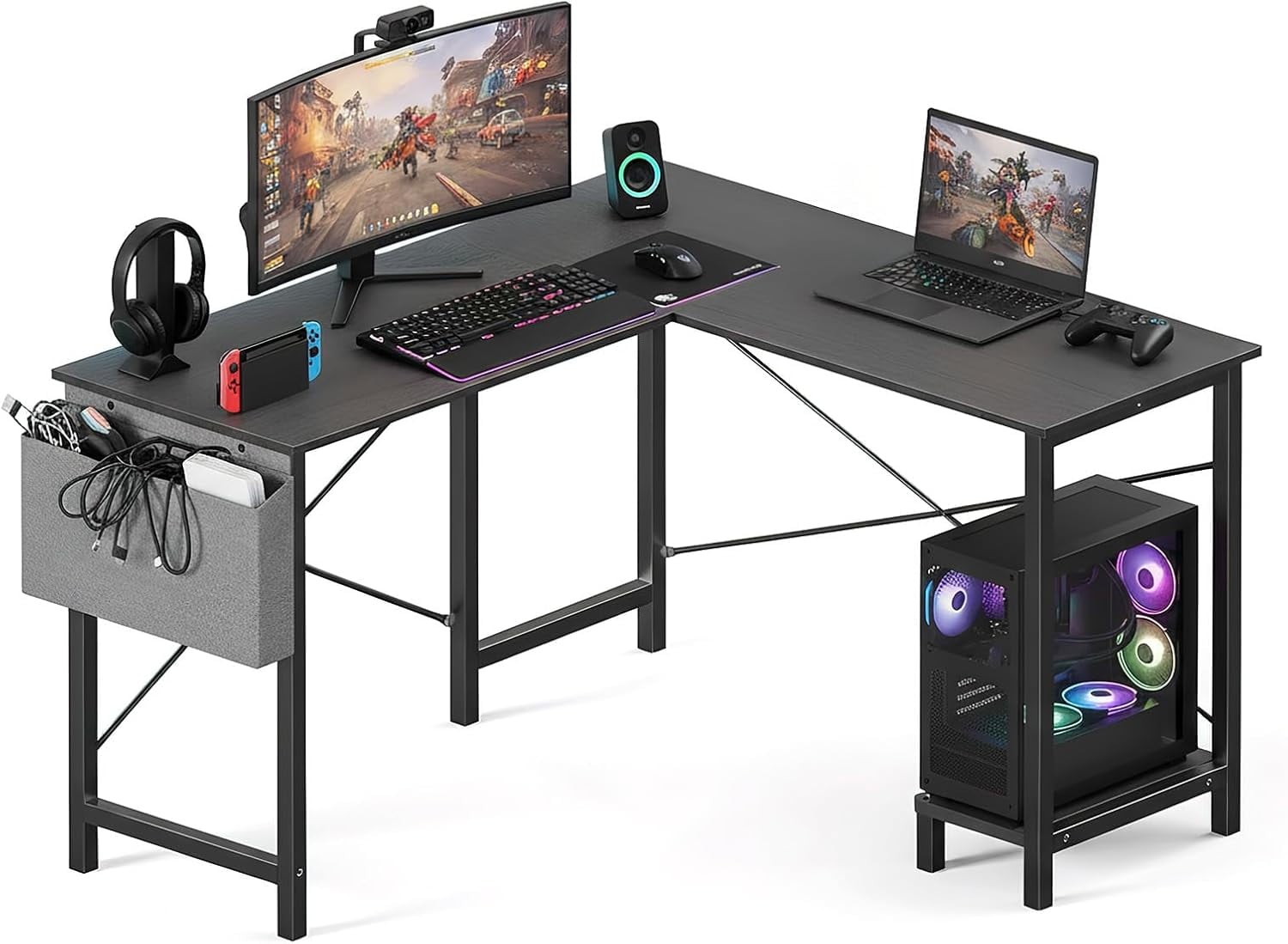 L-Shaped Computer Desk with Reversible Shelf and Side Storage Bag, 50 ...