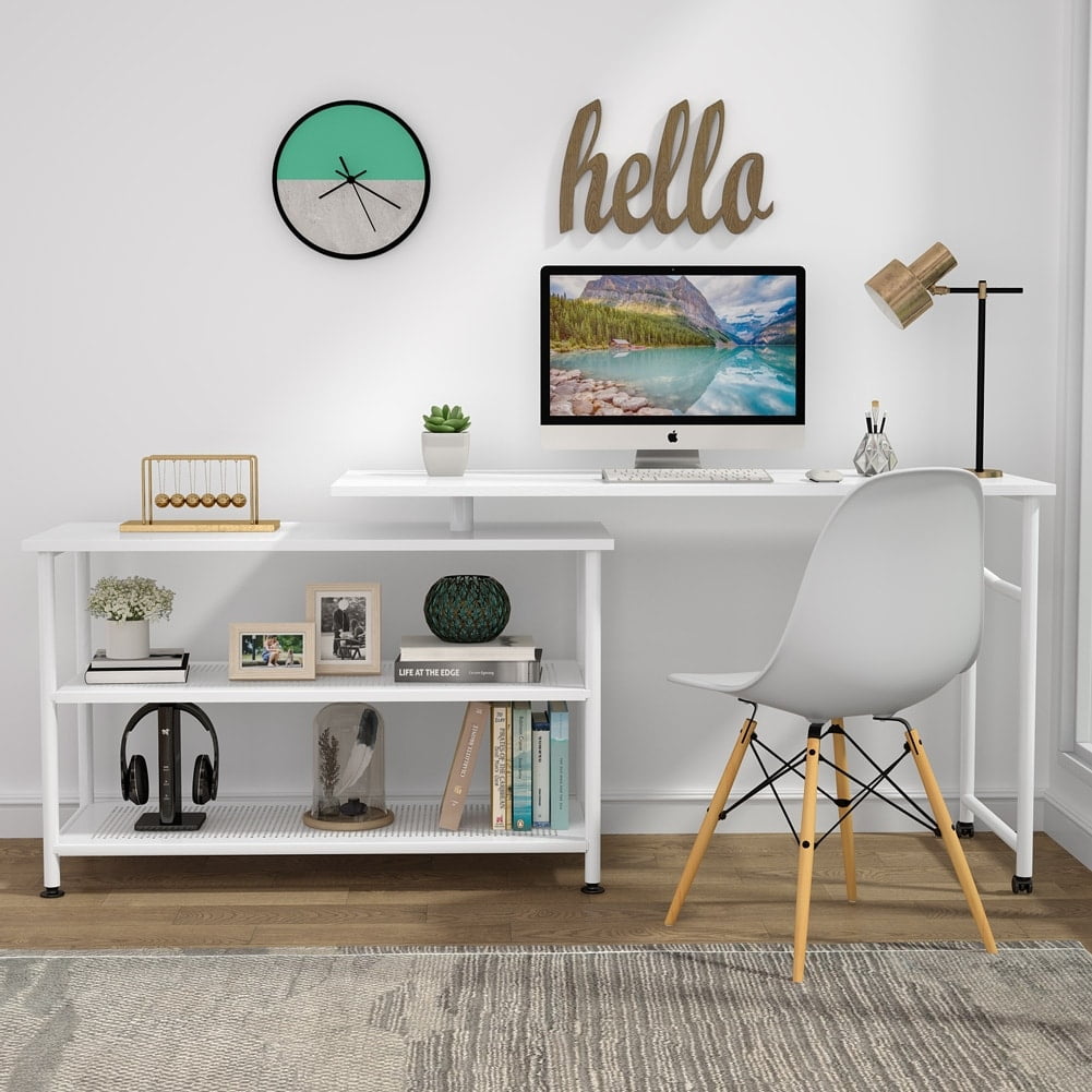 L-Shaped Computer Desk with Shelves 360-deg Rotating Study Desk White ...
