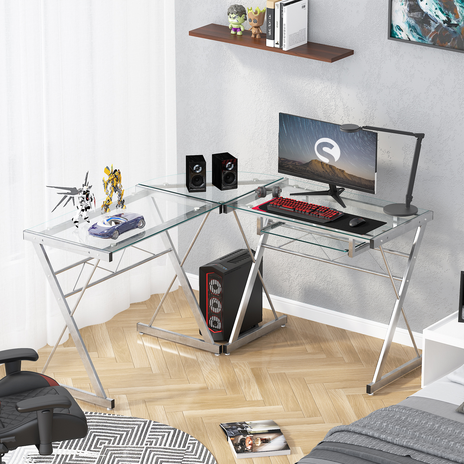 L-Shaped Computer Desk with Tempered Glass and Keyboard Shelf Home ...