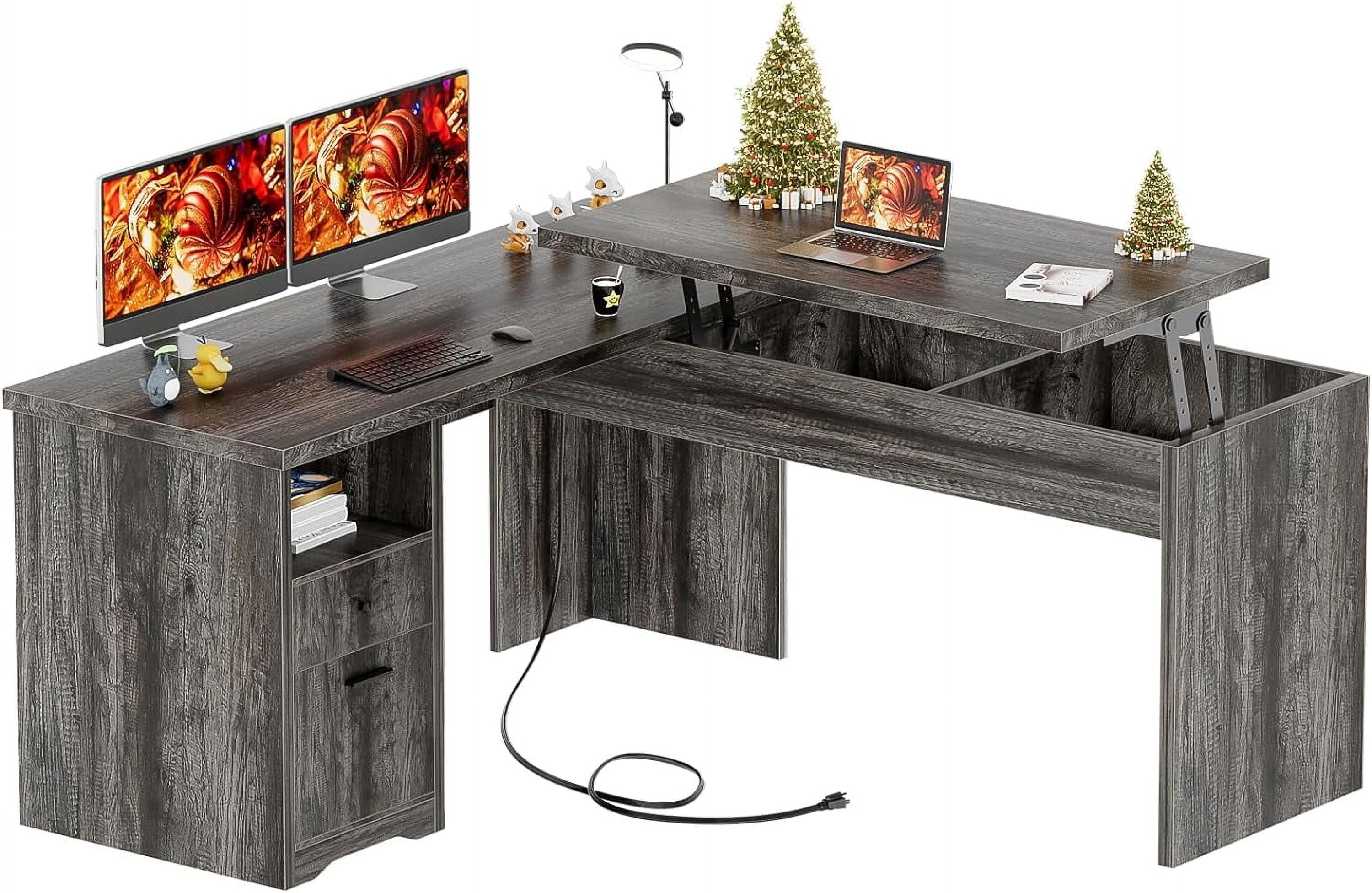 L Shaped Computer with Drawer Lift Top Office with Power Outlets and ...