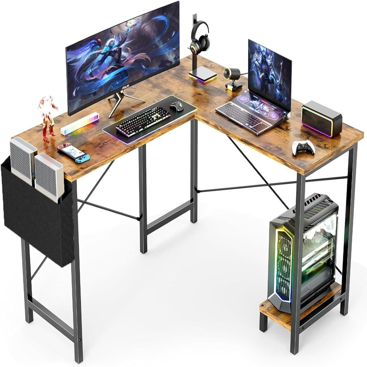 L Shaped Computer Gaming Desk 50 Inch Corner PC Wooden Table with CPU ...