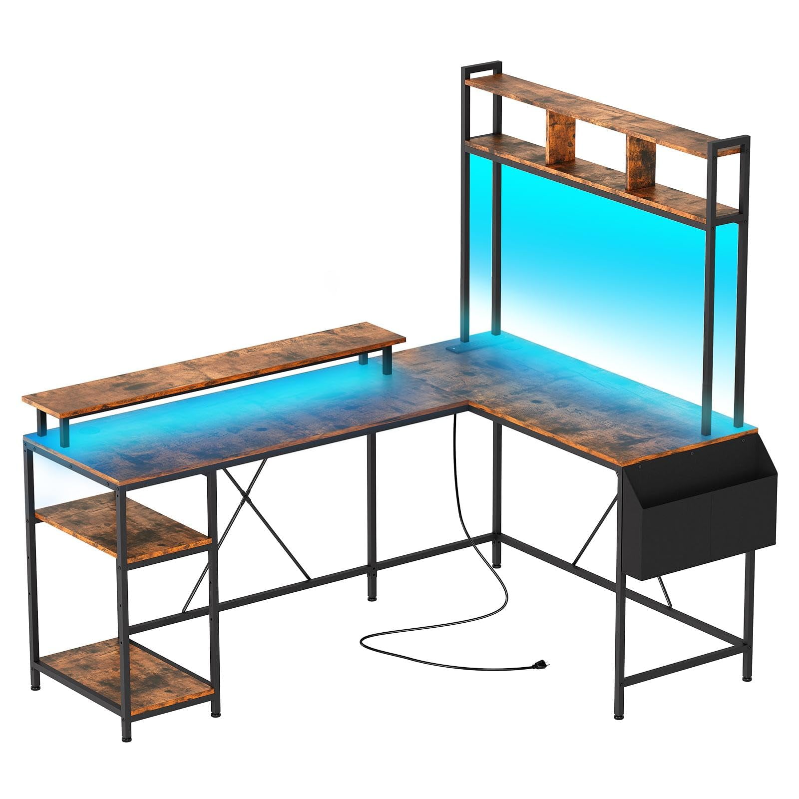 L Shaped Computer Gaming Desk with LED Lights & Power Outlets 67 ...