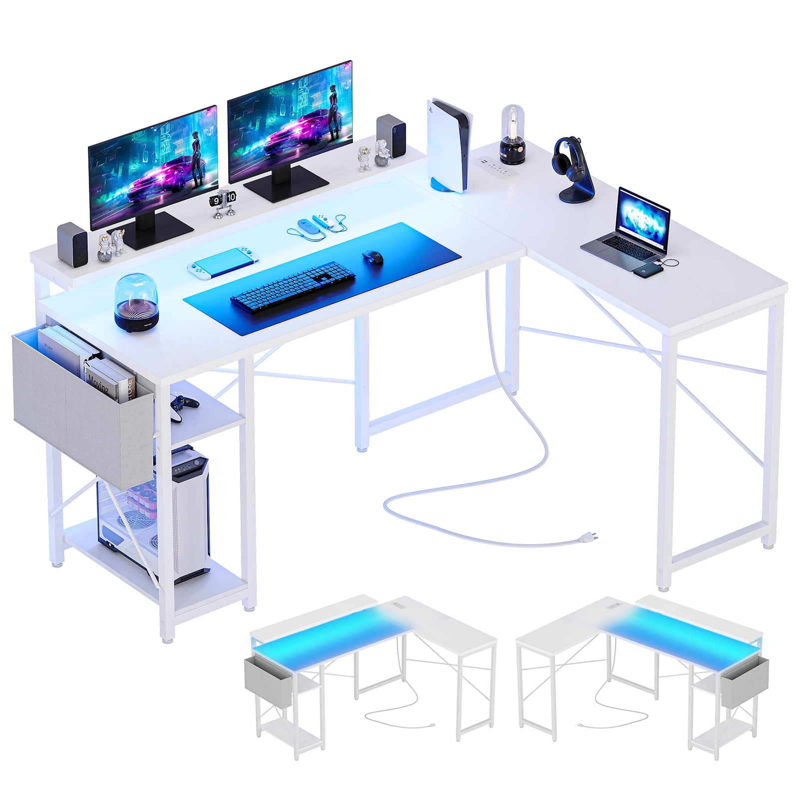 L Shaped Computer Gaming Desk with Power Outlet & LED Light, 54 Inch ...