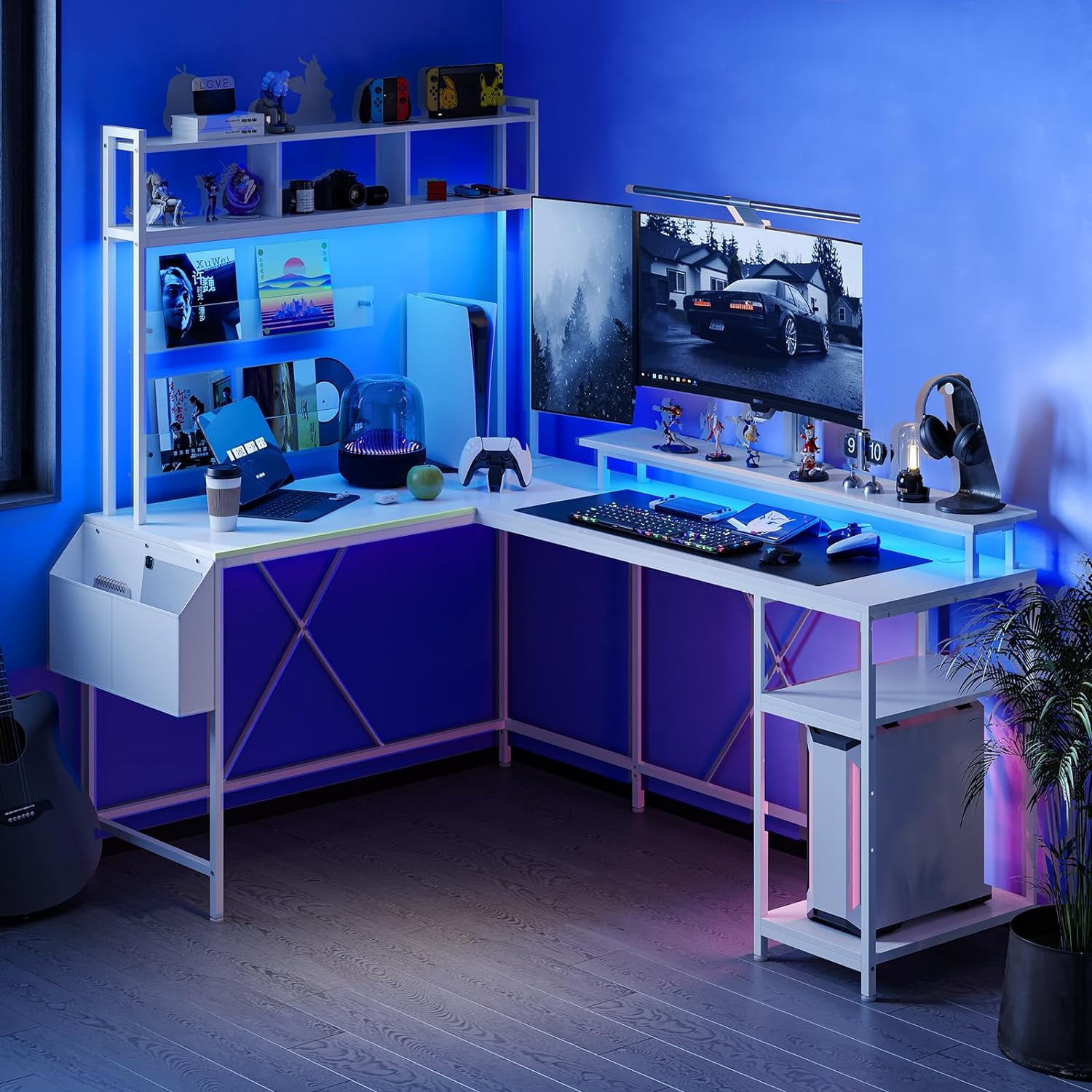 L Shaped Computer Gaming Desk with LED Lights & Power Outlets, 67 ...