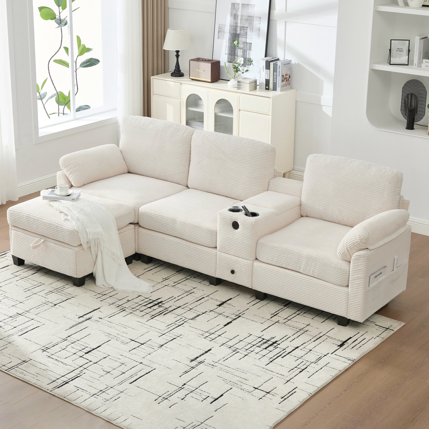 L-Shaped Corduroy Sofa with Storage Ottoman and Movable Console, 4 ...