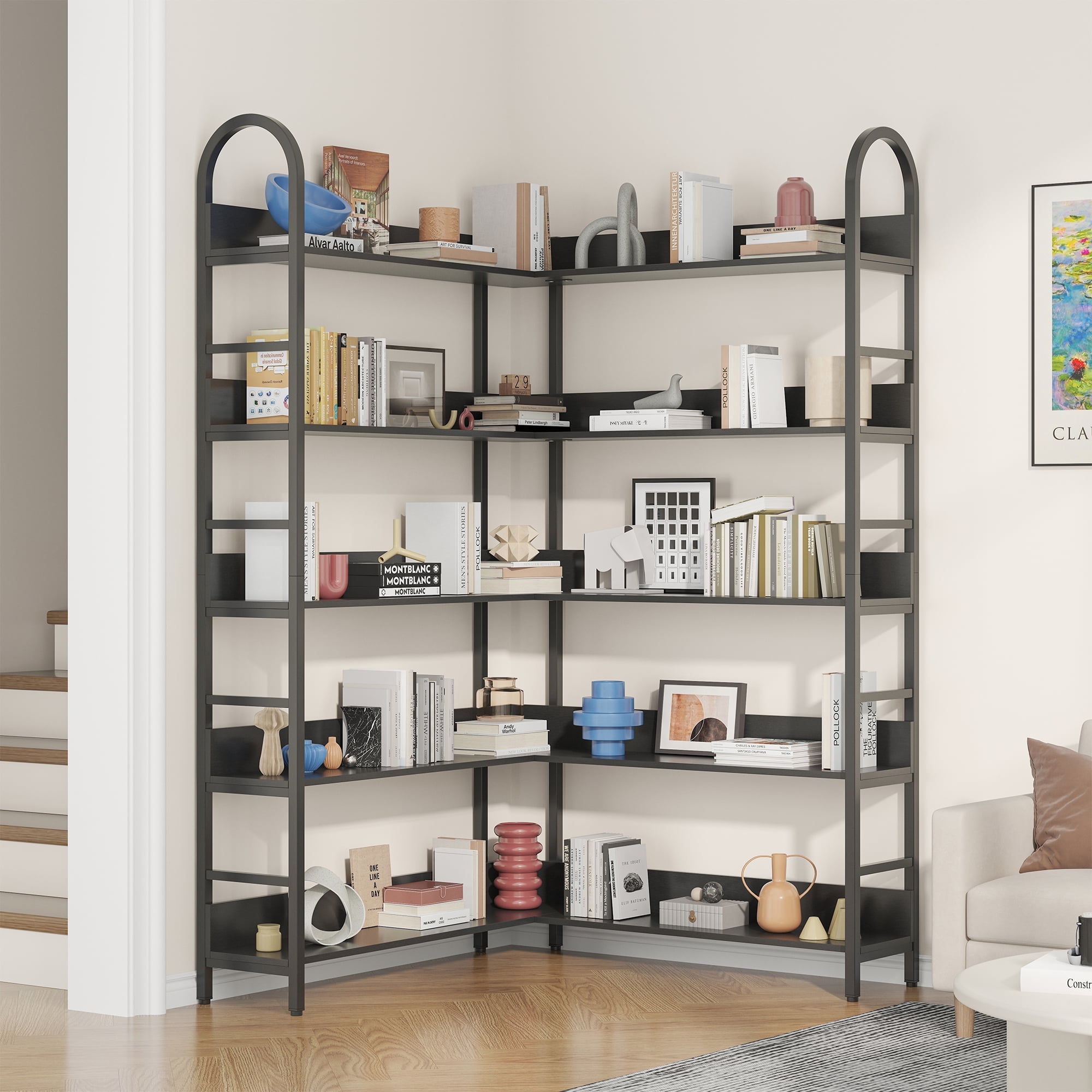 Nosepen L Shaped Corner Bookcase and Bookshelves, 5 Shelf Tall Open ...