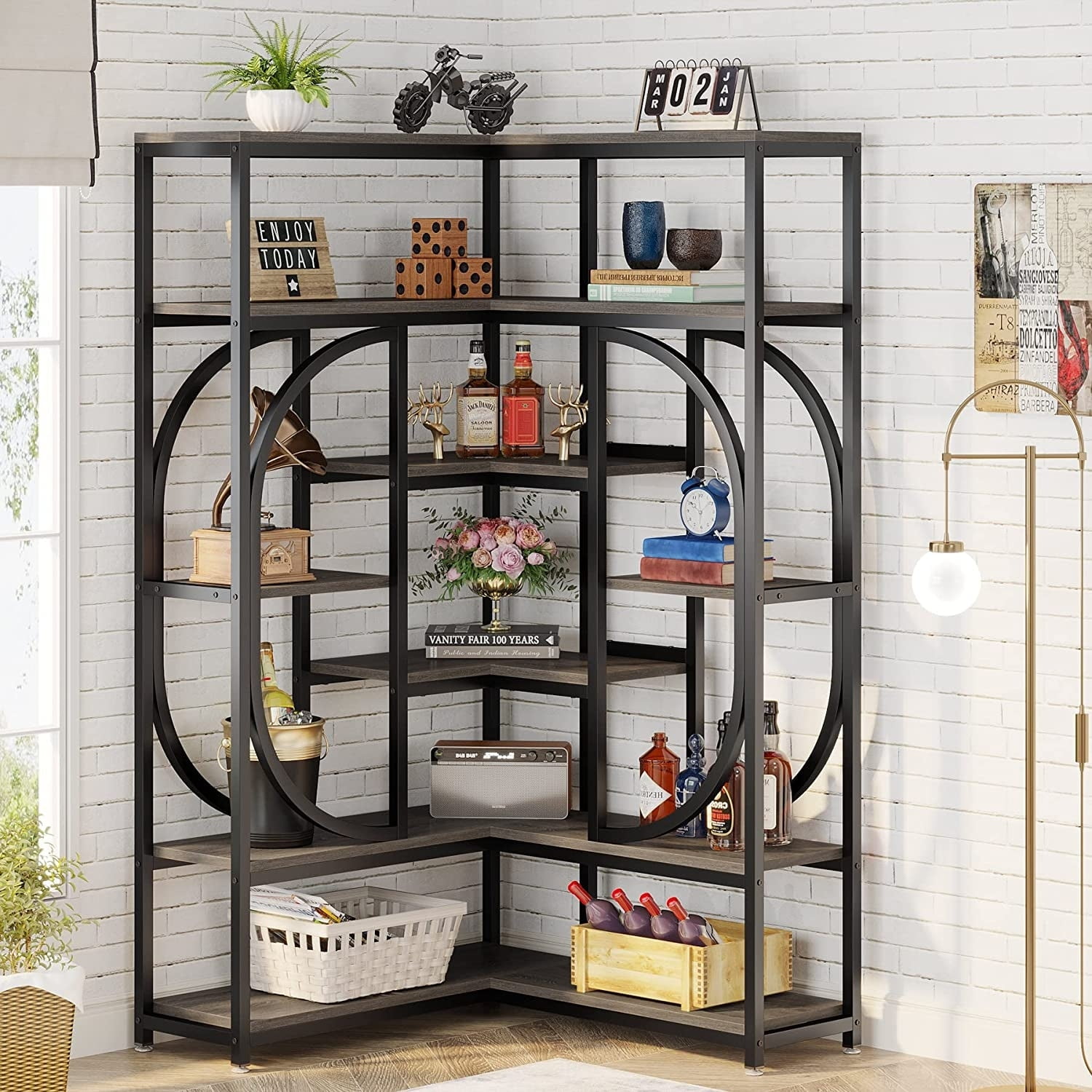 L-Shaped Corner Bookshelf, 7-Shelf Bookcase with Storage for Living ...