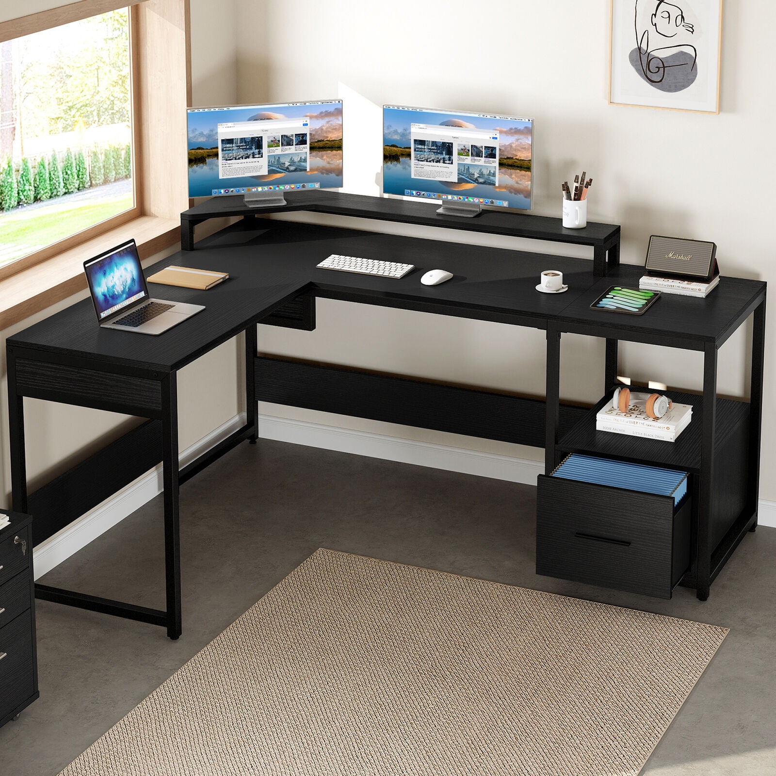 L Shaped Corner Computer Desk File Drawer 65'' Lift Top Computer ...