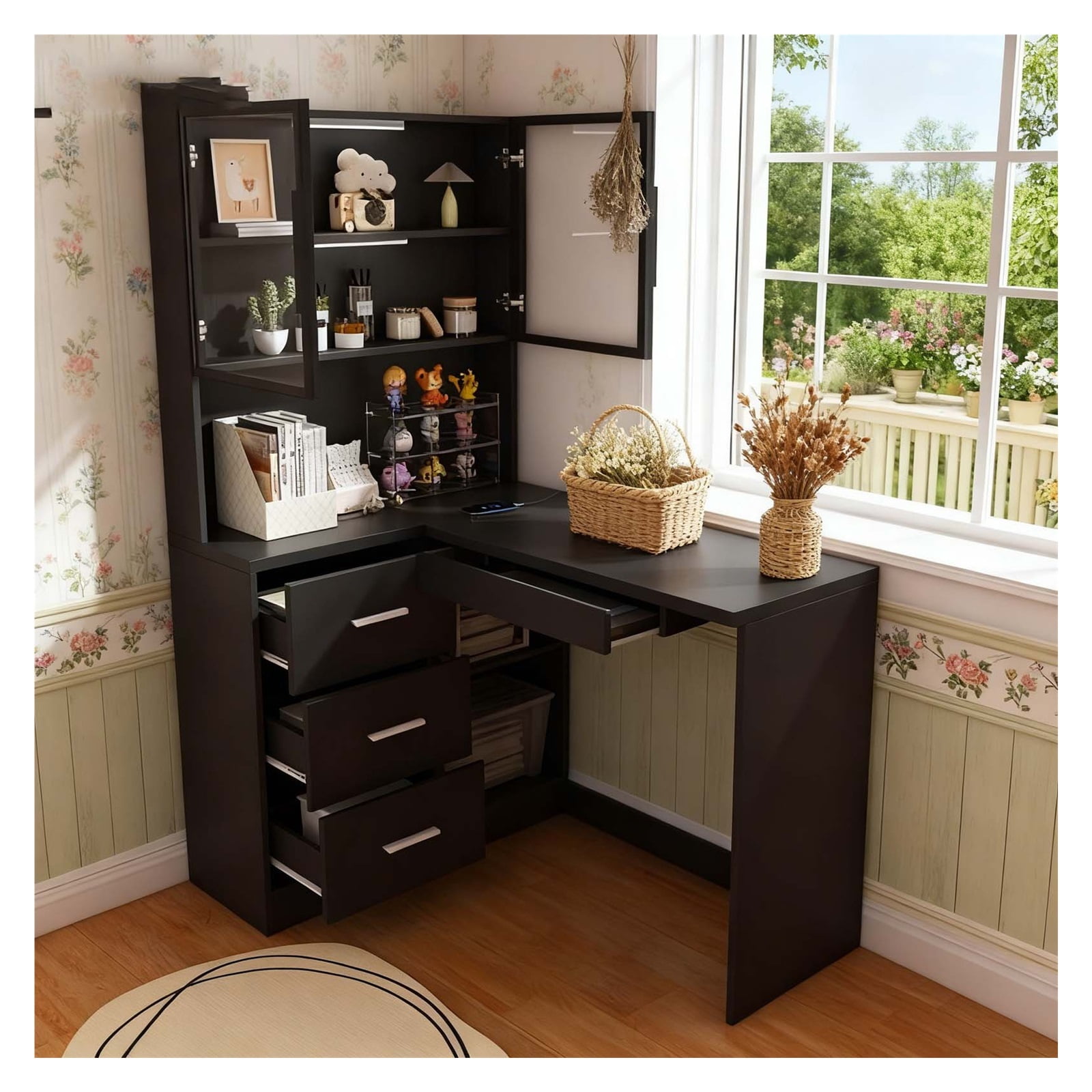 L-Shaped Corner Computer Desk with Glass Cabinets, Built-In LED Lights ...