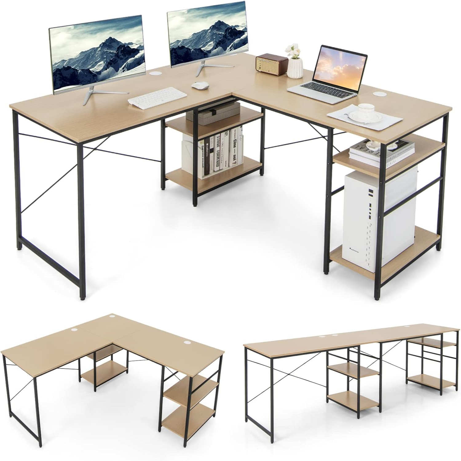 L-Shaped Corner Desk Convertible Computer Desk with 4-Tier Shelves & 3 ...