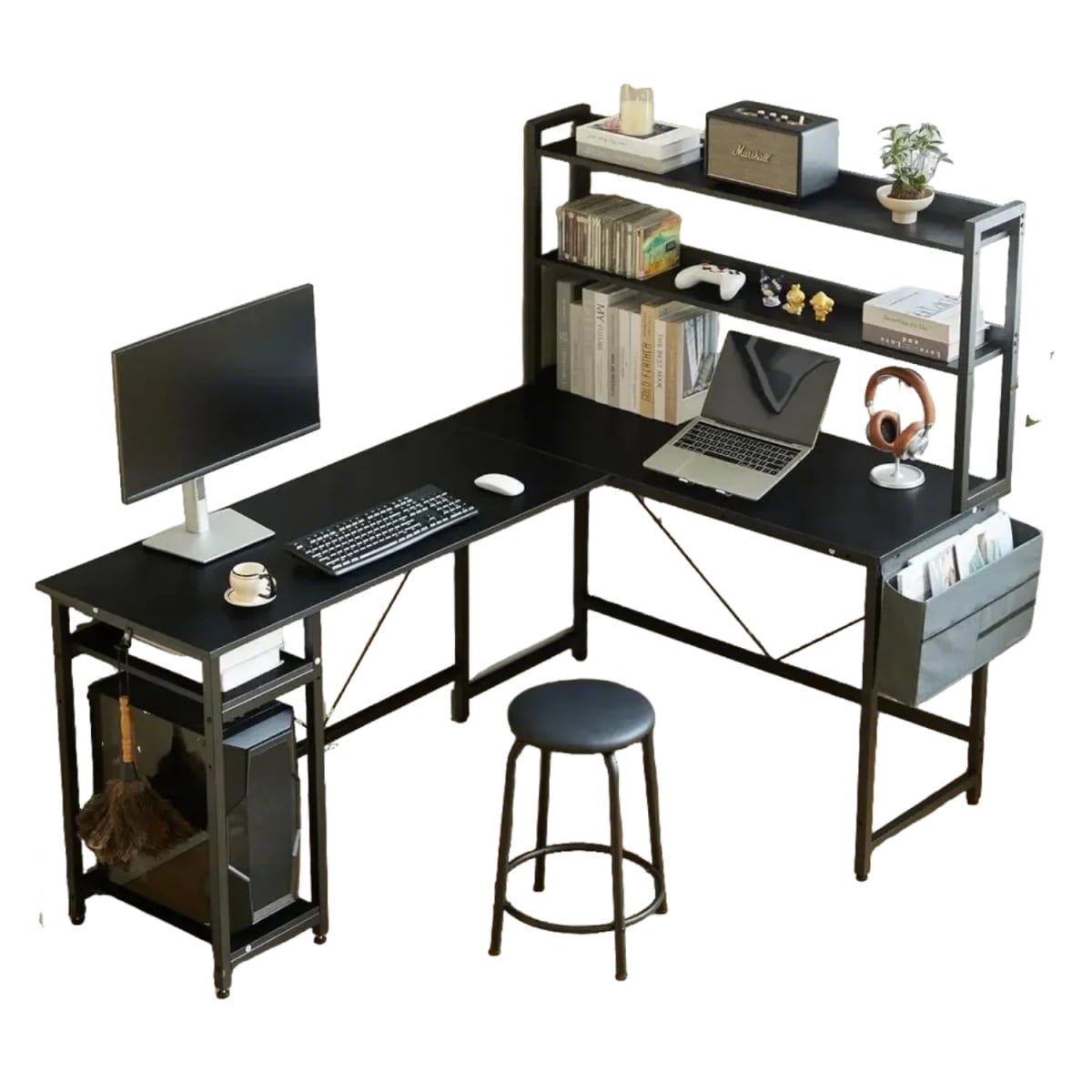 L Shaped Corner Desk with Hutch, 94.5 Inch Computer Desk & Stool Set ...