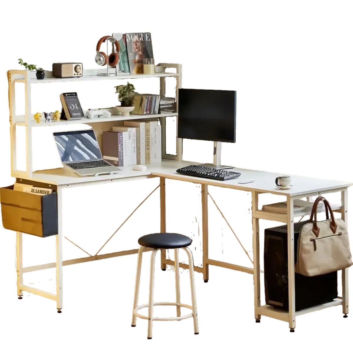 L Shaped Corner Desk with Hutch, 94.5 Inch Computer Desk & Stool Set ...