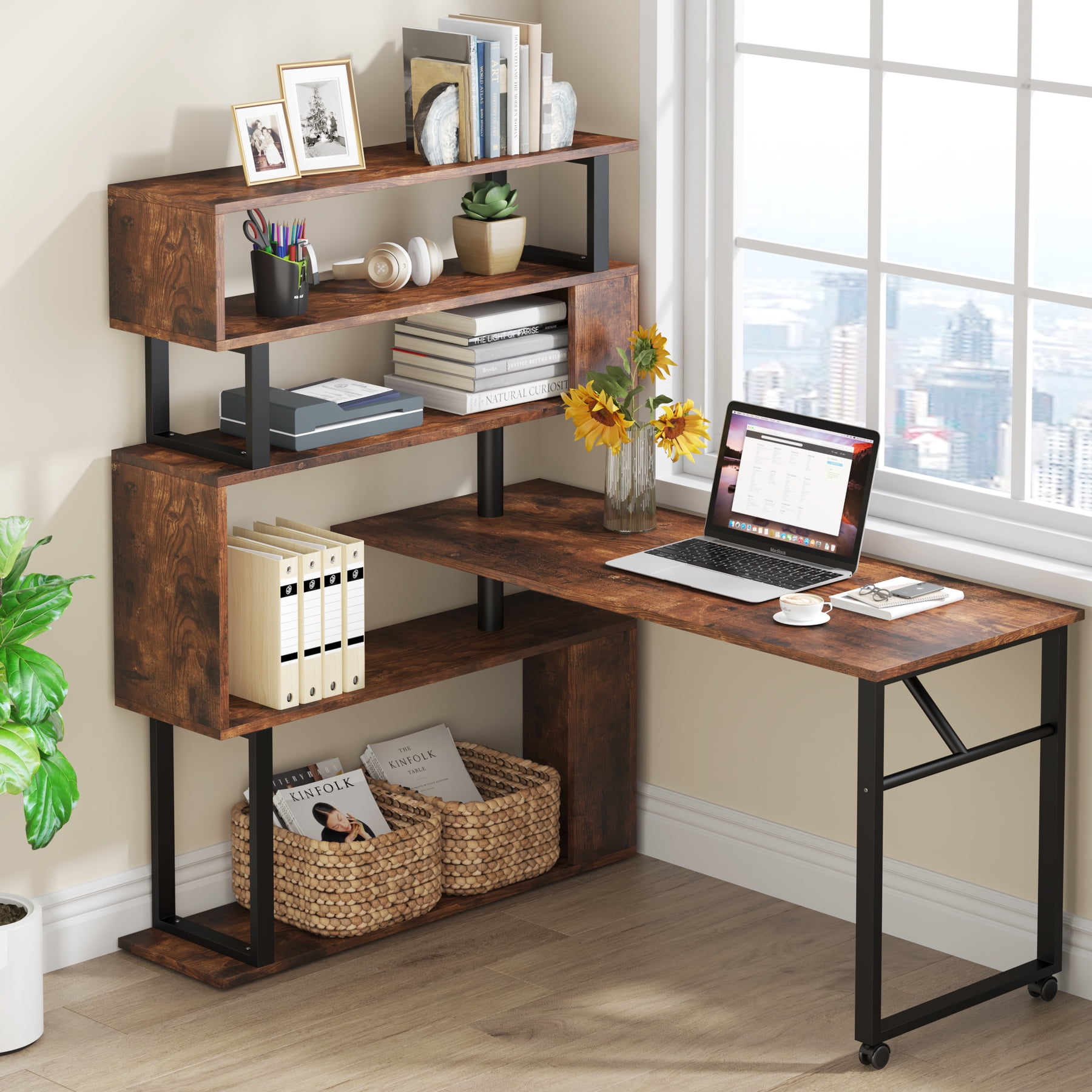 L Shaped Corner Desk, Rotating Computer Working Table with 5 Tier ...